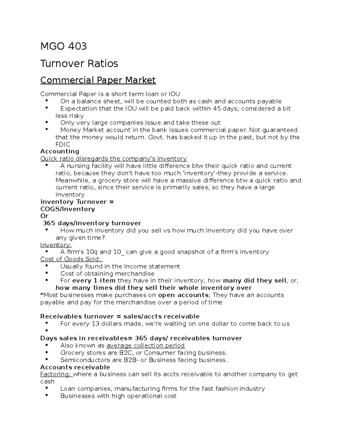 Turnover Ratios Formula Sheet - MGO 403 Turnover Ratios Commercial Paper Market Commercial Paper ...