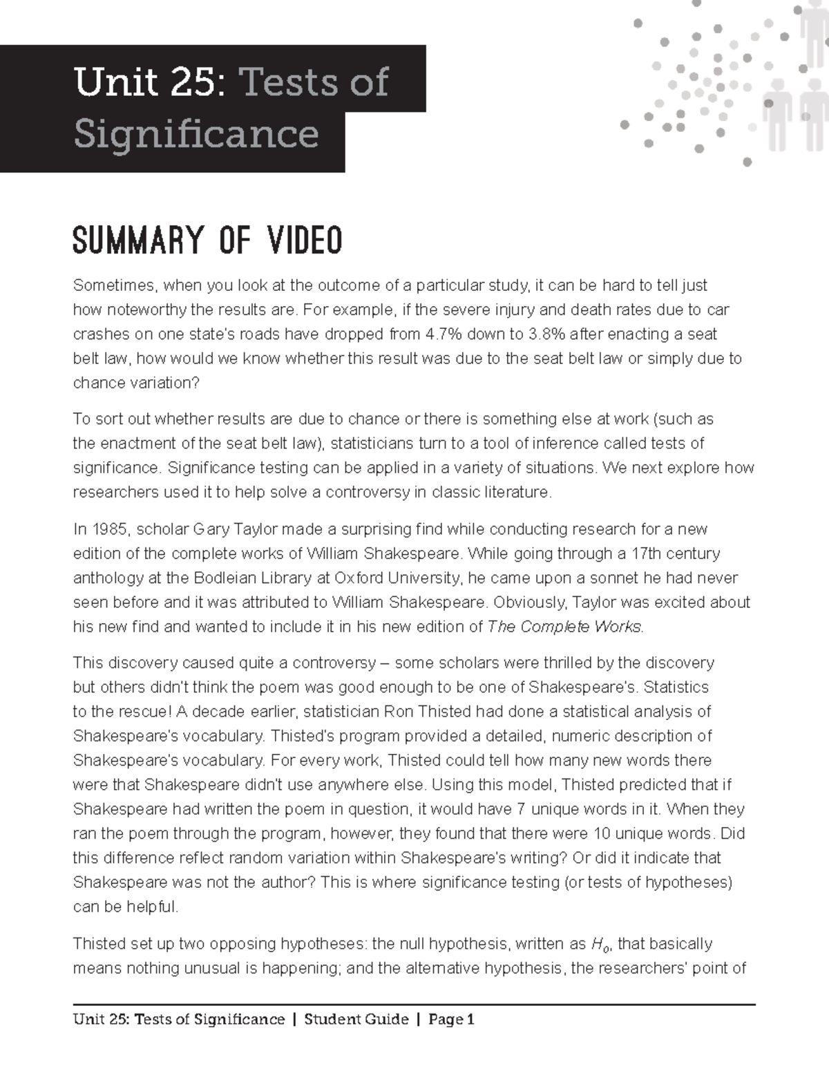 25 Lecture Notes For Stats Unit 25 Tests Of Significance Summary Of Video Sometimes When
