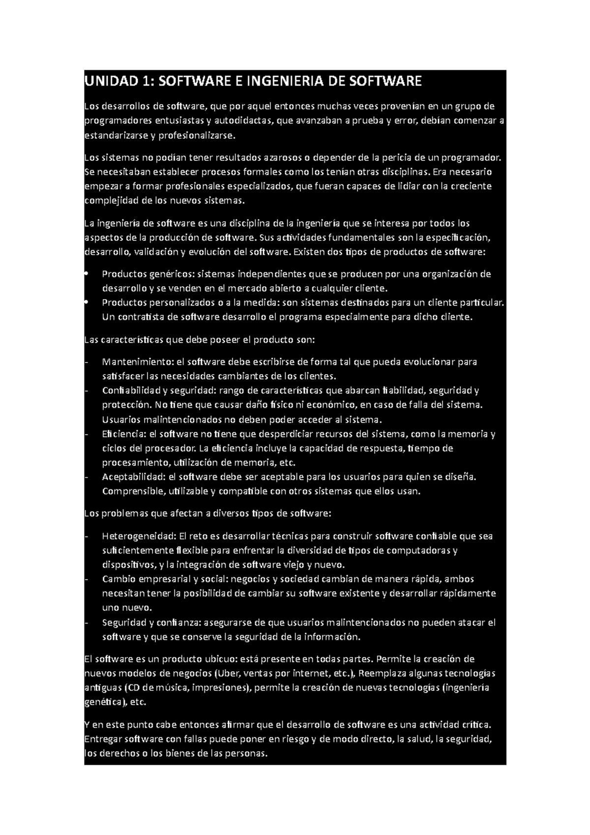 Resumen Completo - UNIDAD 1: SOFTWARE E INGENIERIA DE SOFTWARE Los ...