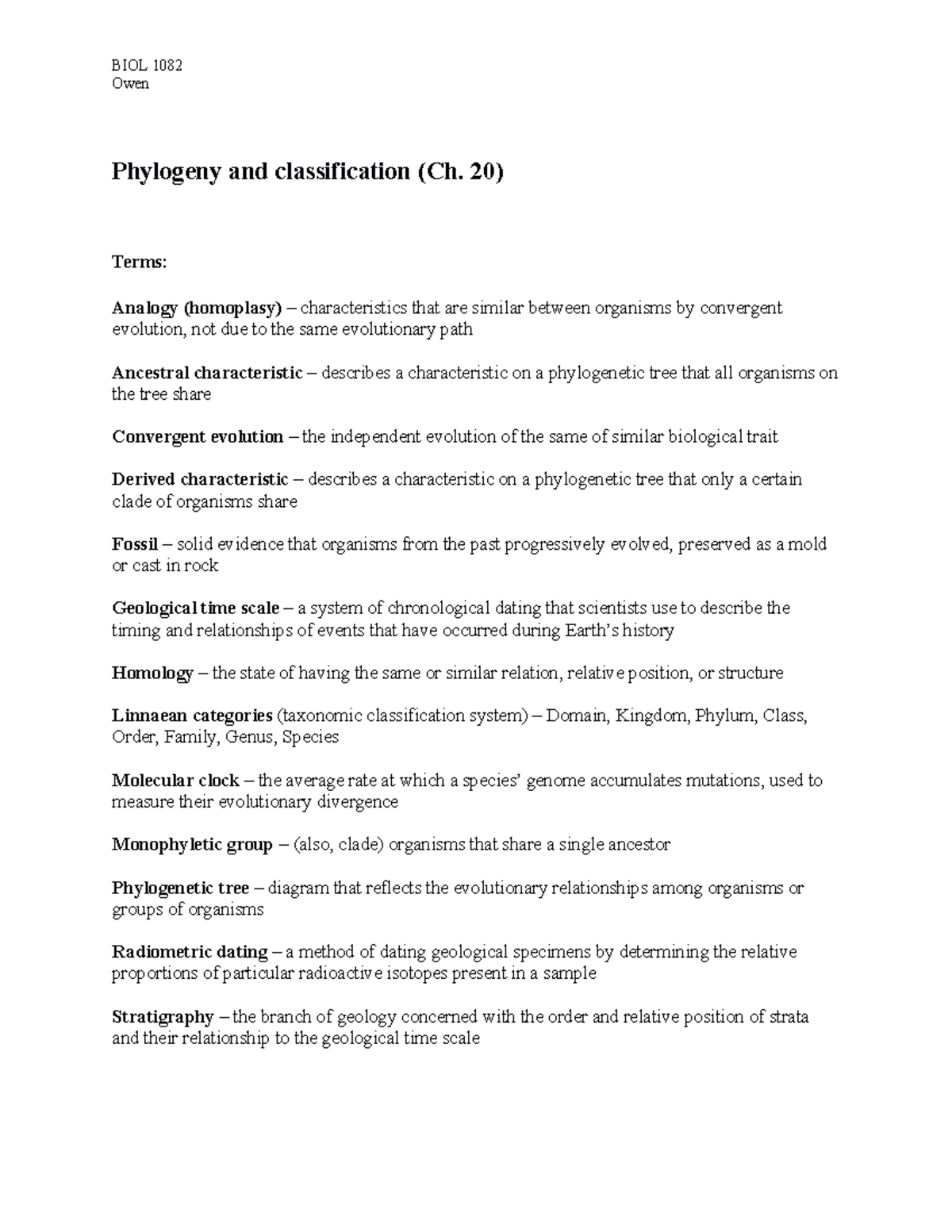 Biology II Phylogeny and Classification Study Guide - BIOL 1082 Owen ...