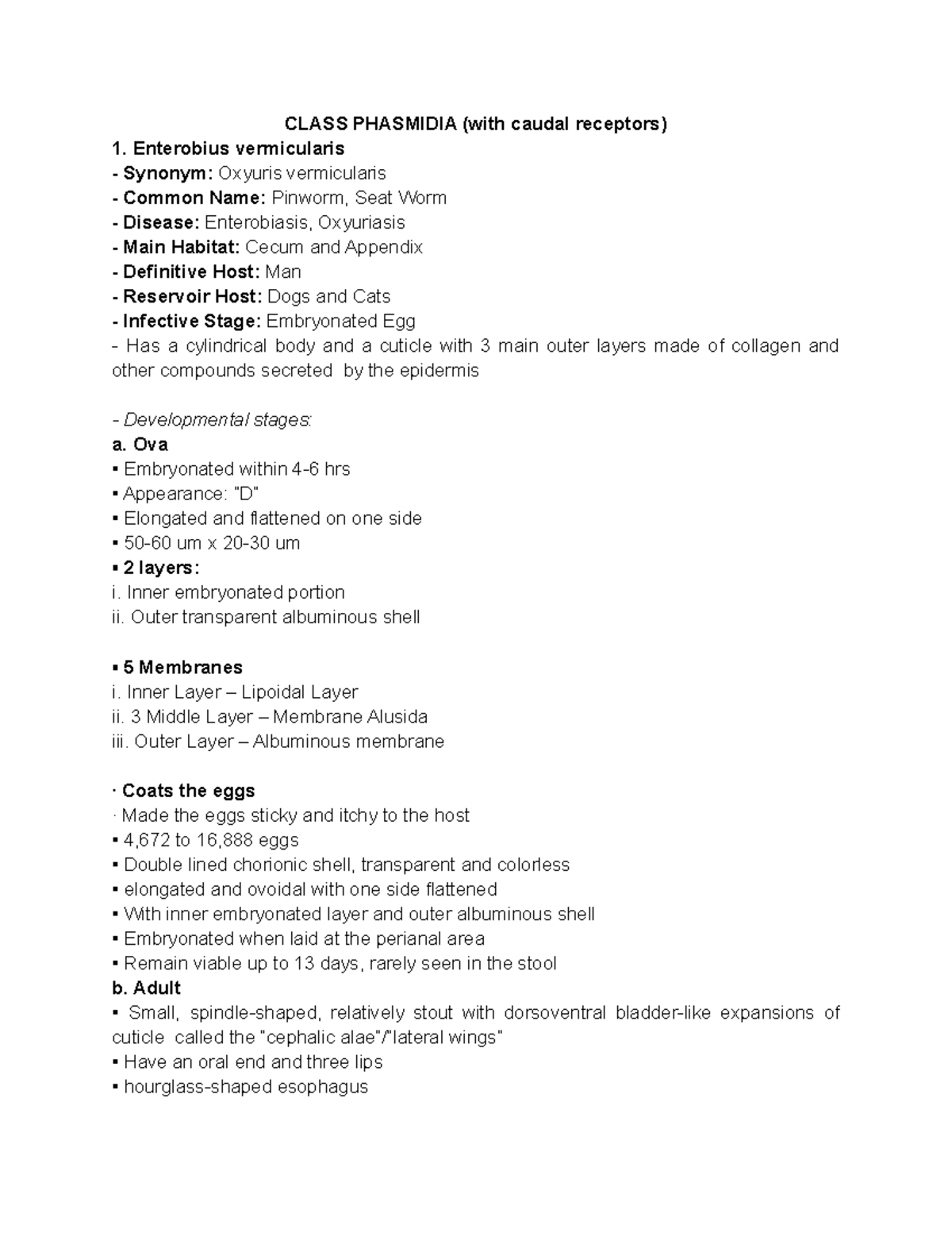 Class Phasmidia (with caudal receptors) - **CLASS PHASMIDIA (with ...