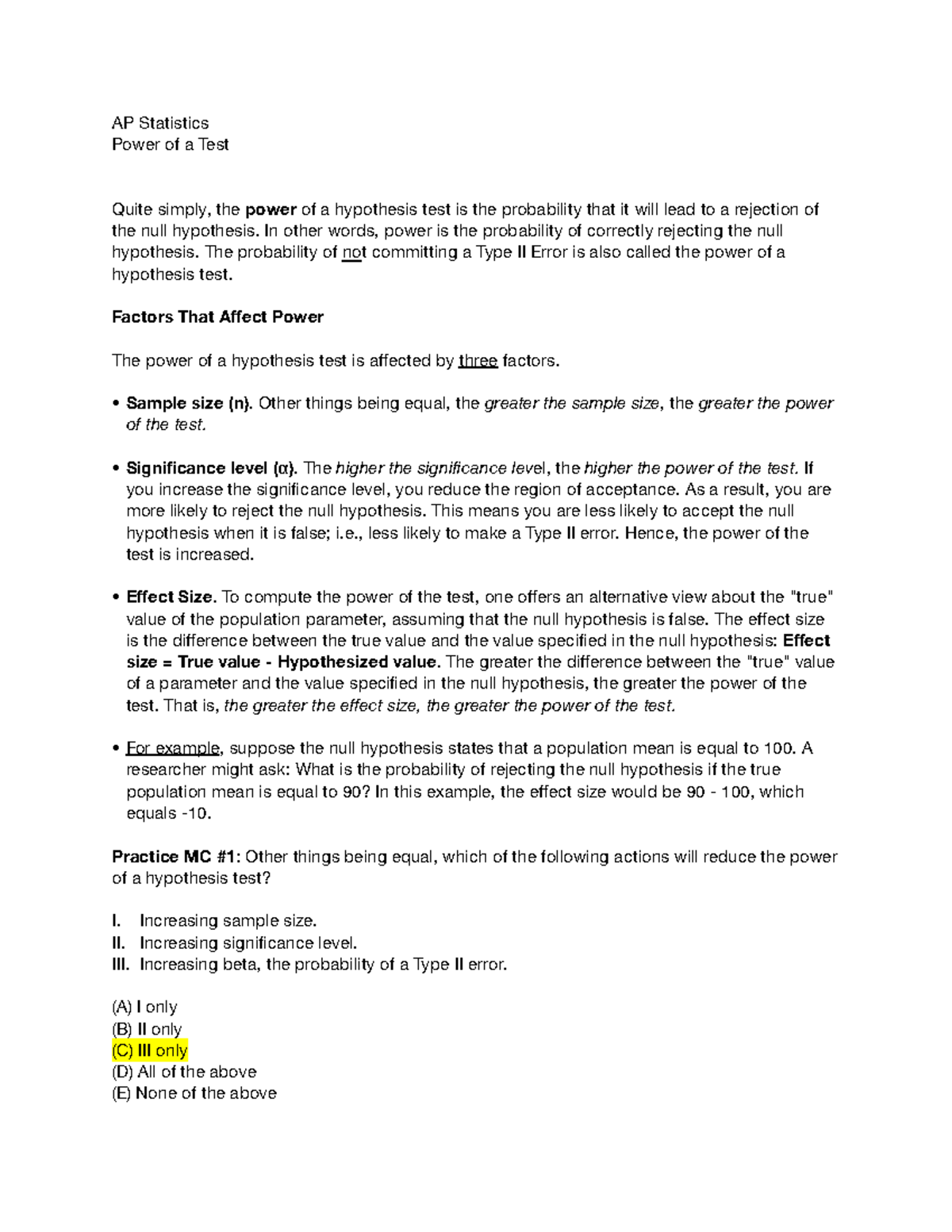 Power of a T-test - AP Statistics Power of a Test Quite simply, the ...