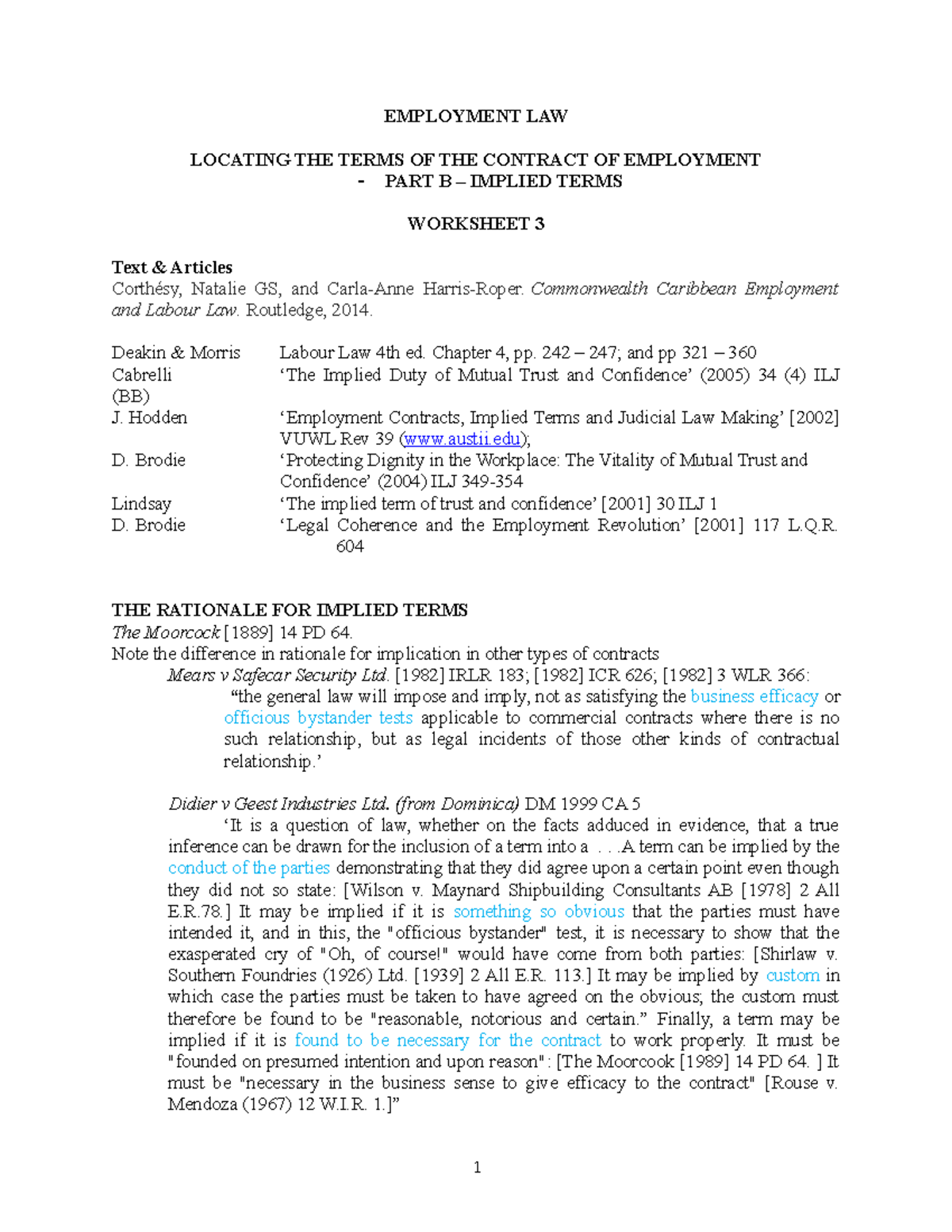 Worksheet 3 - Implied Terms - EMPLOYMENT LAW LOCATING THE TERMS OF THE ...