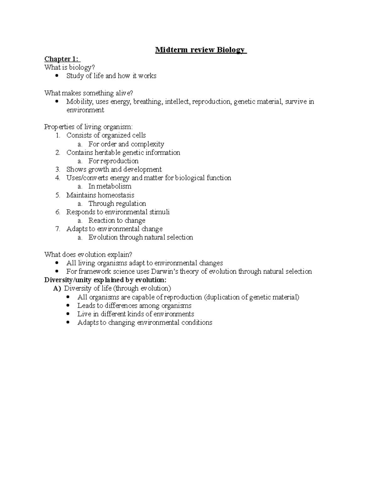 Midterm Review Biology Midterm Review Biology Chapter 1 What Is