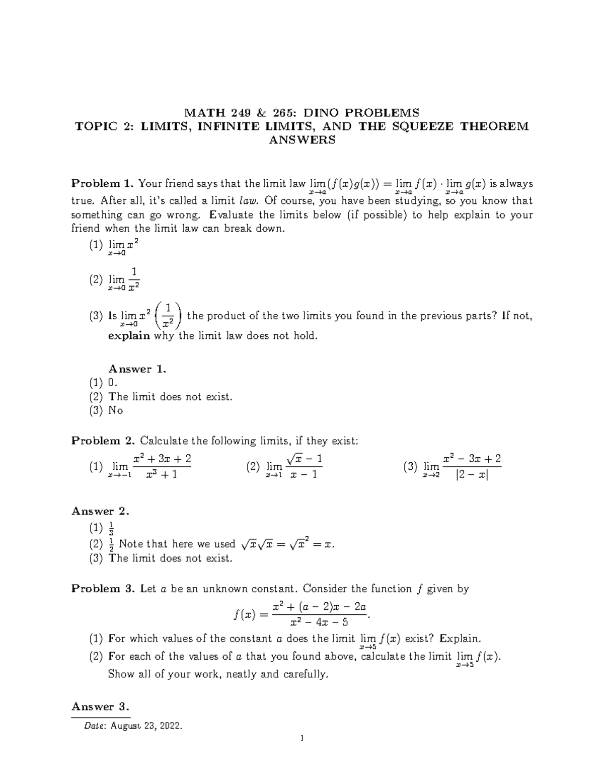 2 limits answers - class assignment - MATH 249 & 265: DINO PROBLEMS TOPIC 2: LIMITS, INFINITE ...