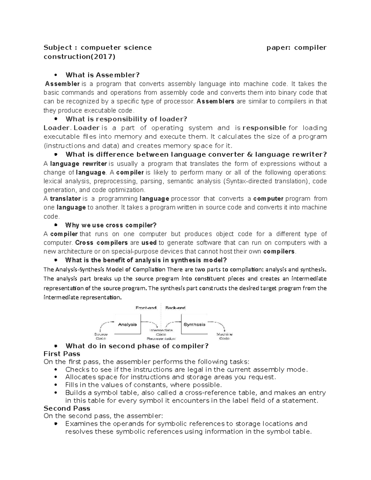 Compiler Construction BSCS7th 2017 - Subject : compueter science paper ...
