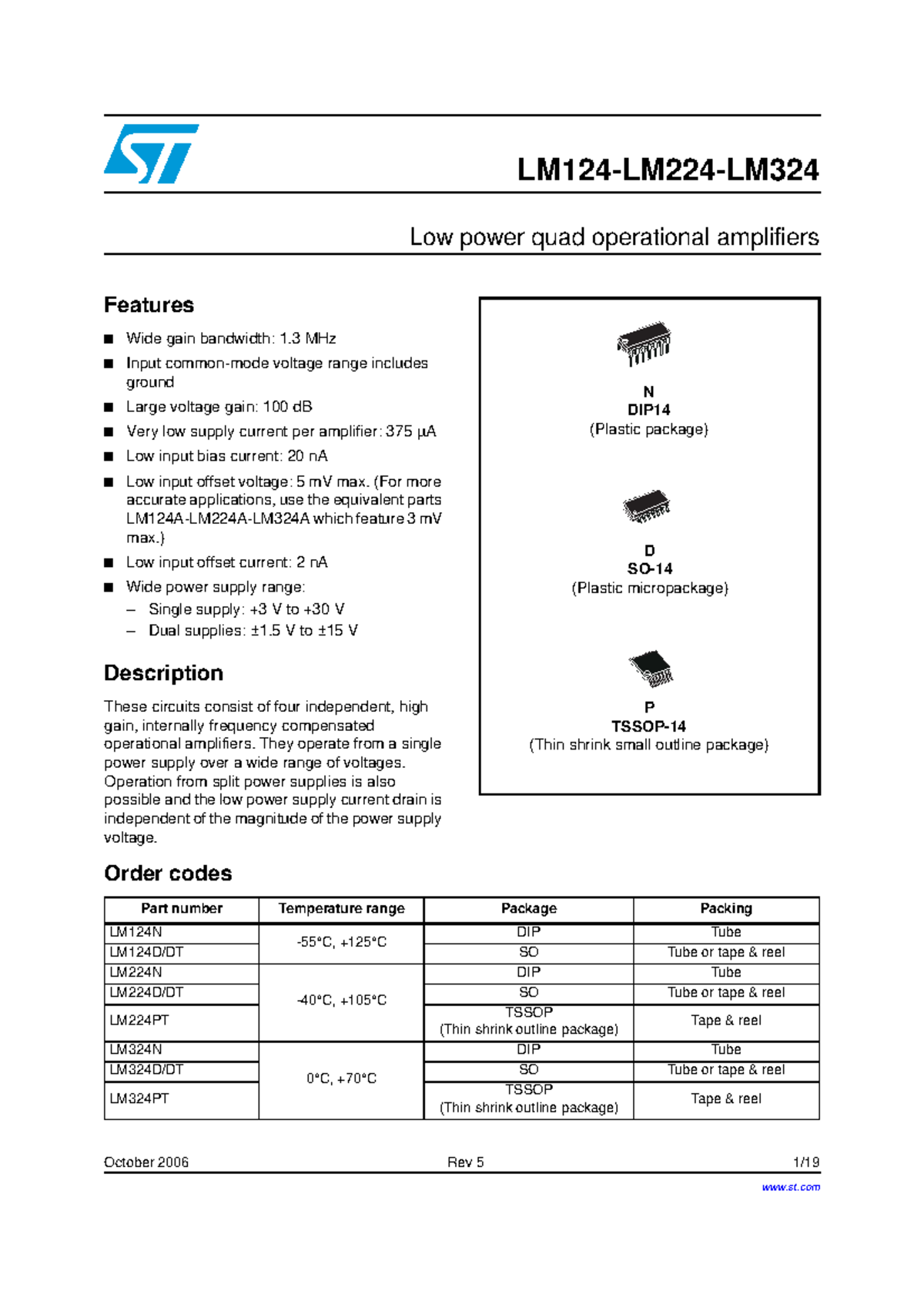 Datasheet - dfgdfsglhsduhfgusdhu - October 2006 Rev 5 1/ 19 LM124-LM224 ...