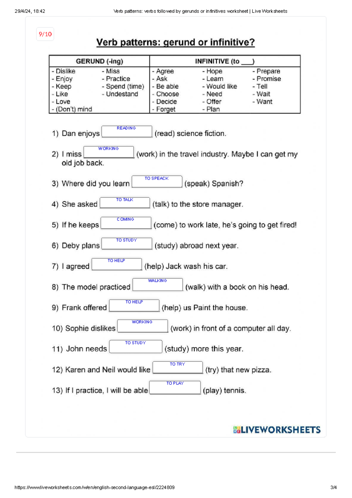 Verb patterns verbs followed by gerunds or infinitives worksheet Live ...