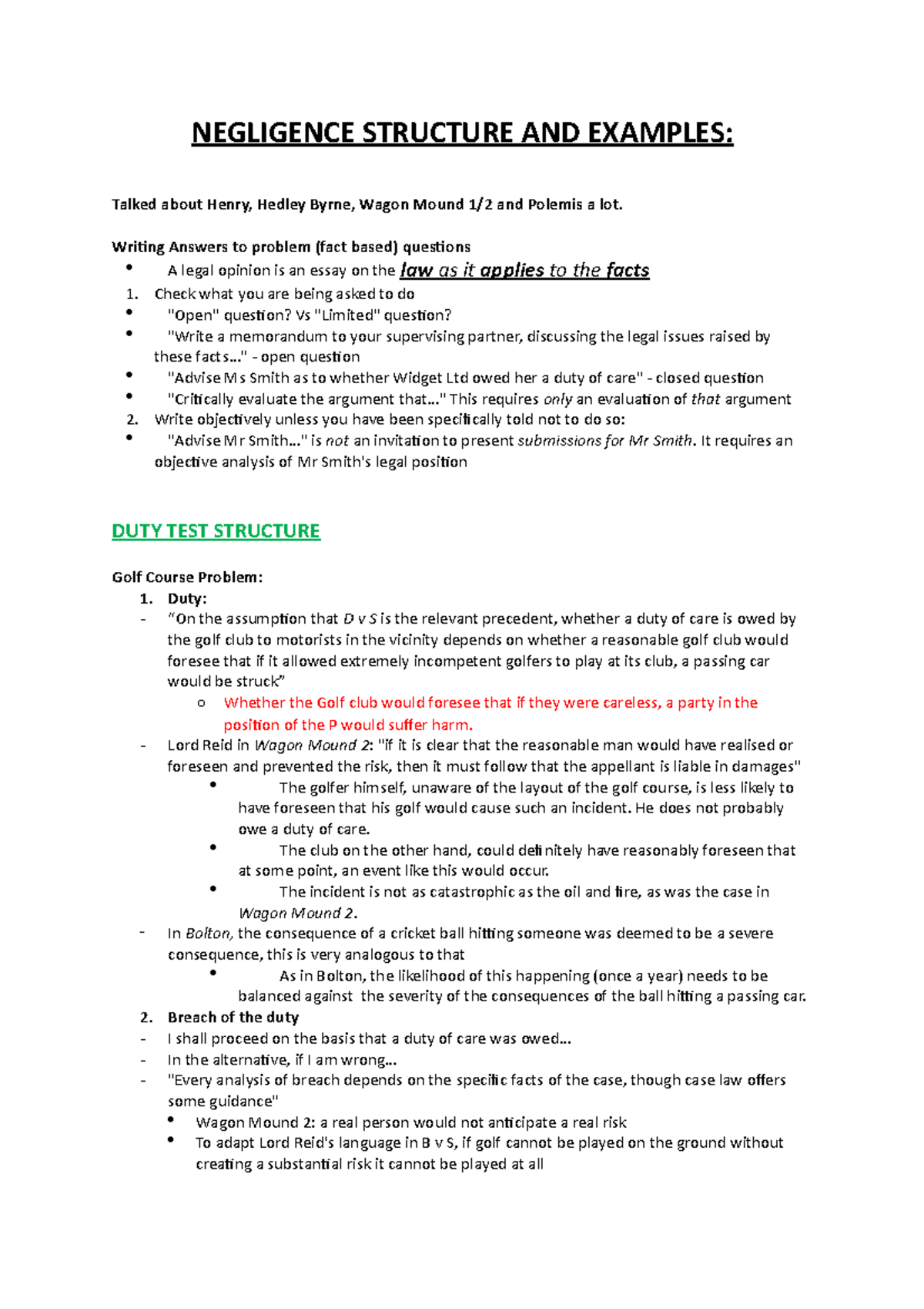 Negligence Structure AND Examples - NEGLIGENCE STRUCTURE AND EXAMPLES ...