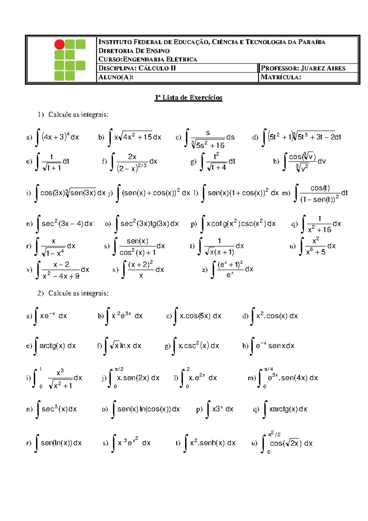 1ªLista Cálculo II - lista de exercícios - ####### INSTITUTO FEDERAL DE ...