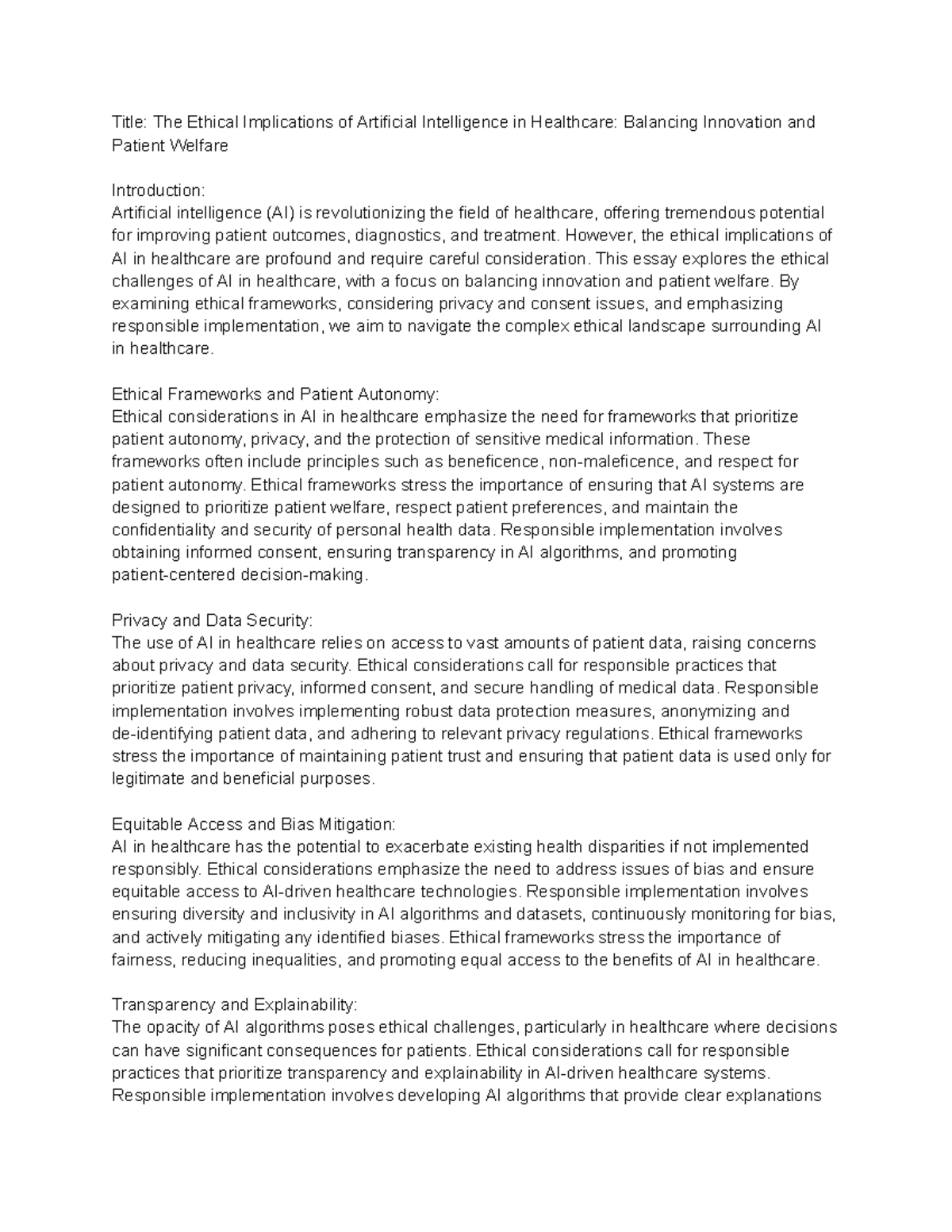 Title The Ethical Implications of Artificial Intelligence in Healthcare Balancing Innovation and ...