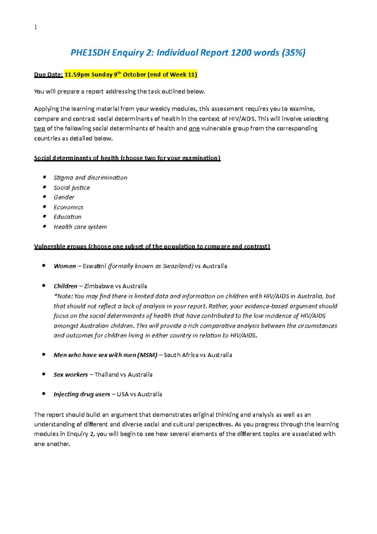 PHE1SDH Enquiry 2 Individual Report Assessment Guide, Rubric FAQs - PHE1SDH Enquiry 2 ...