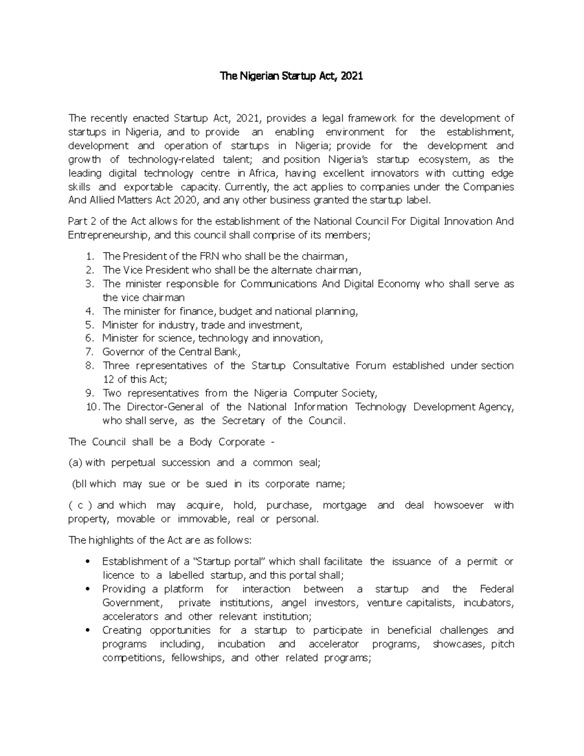 The Nigerian Startup Act - Currently, the act applies to companies ...