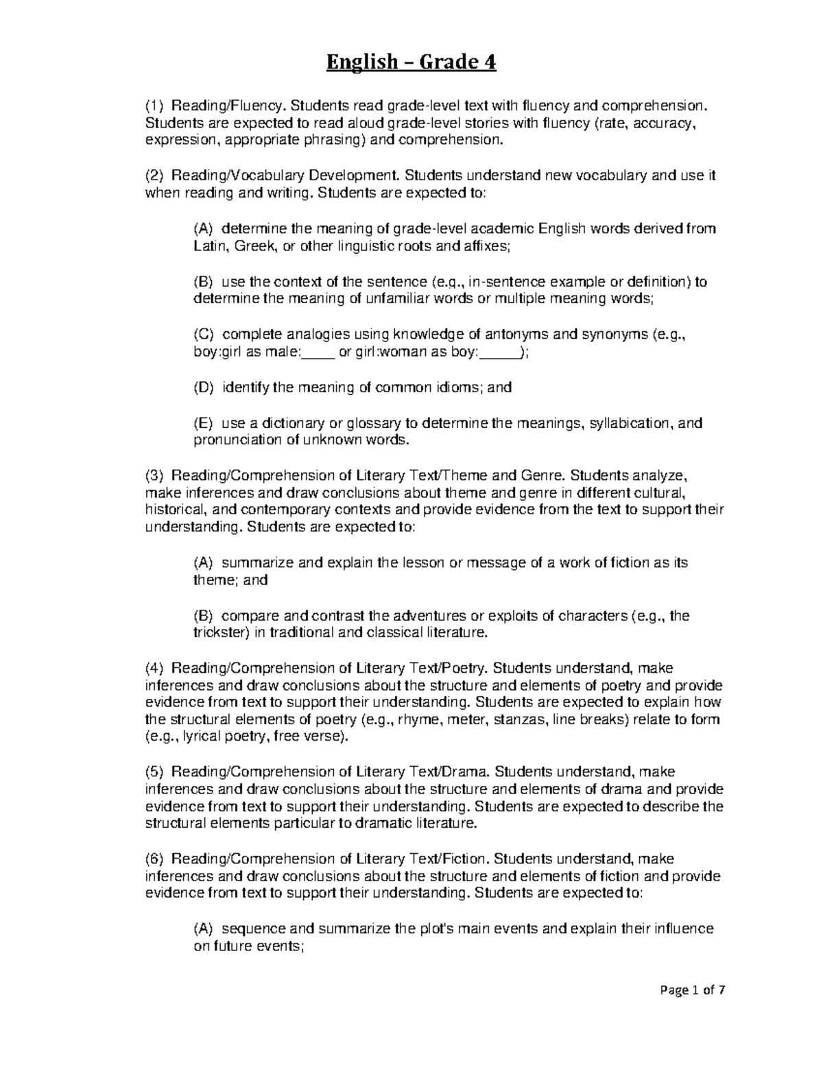 Englsih Grade 4 - For elementary - (1) Reading/Fluency. Students read ...