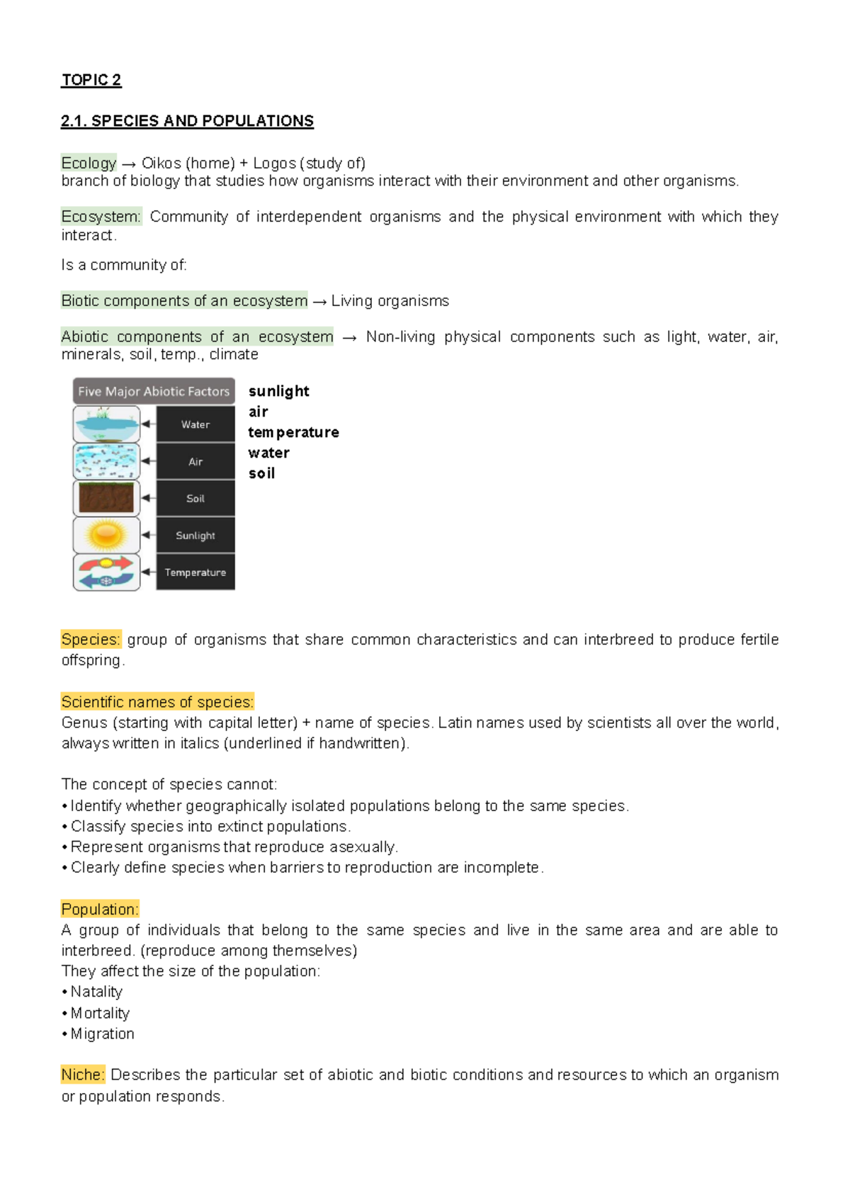 Topic 2 definitions - TOPIC 2 2. SPECIES AND POPULATIONS Ecology → ...