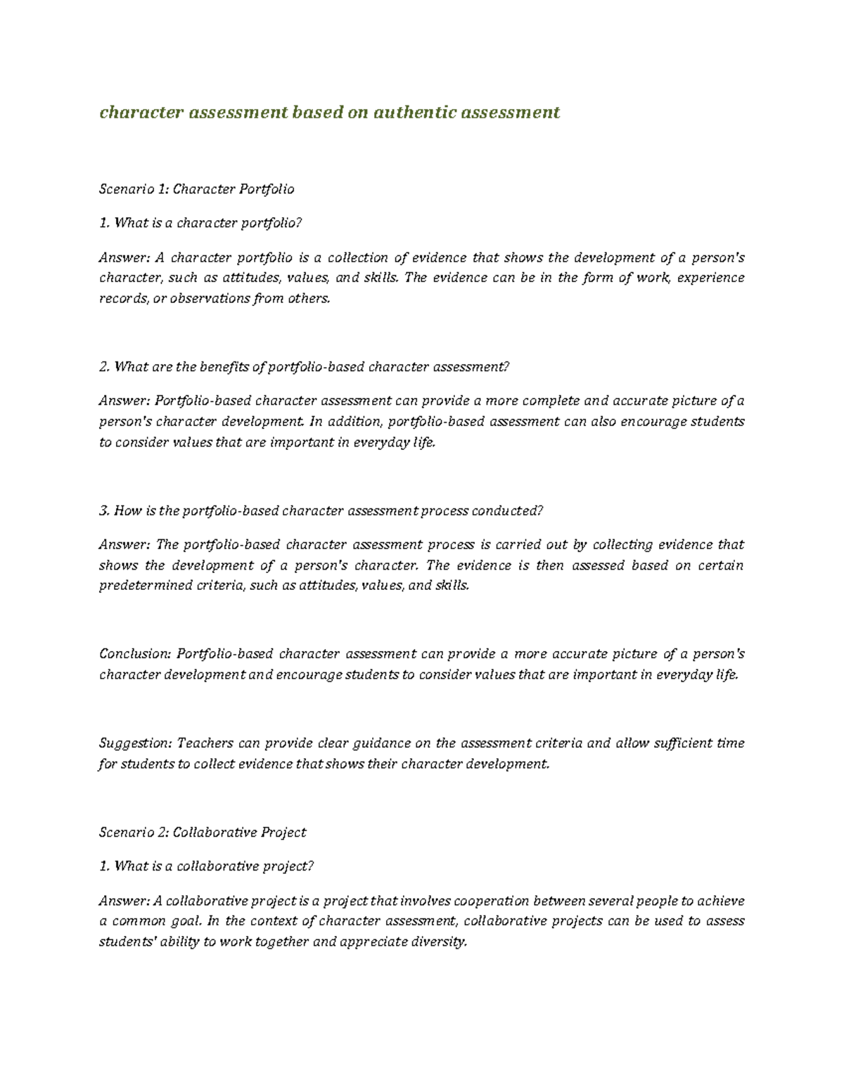 Character education case scenario 6 - character assessment based on ...