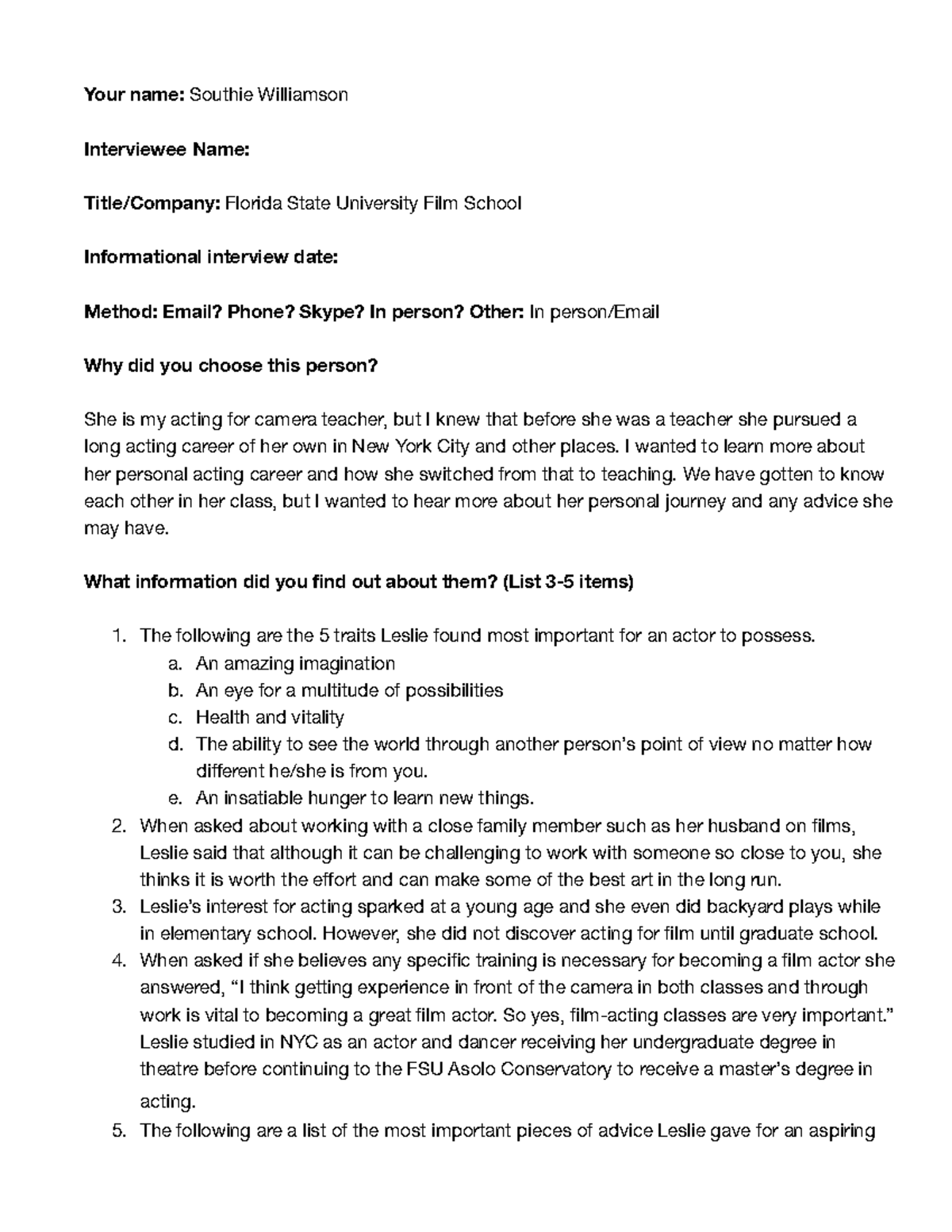 Informational Interview Assignment - Your name: Southie Williamson ...