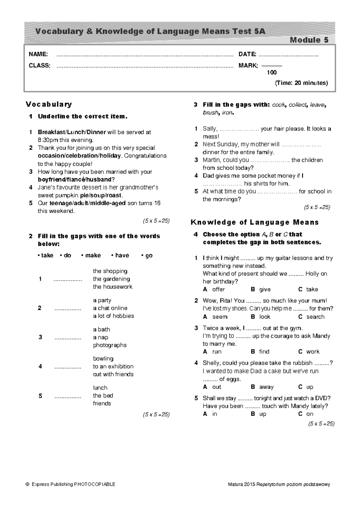 2 matura 2015 repetytorium pp vocabulary test module 5 ab - © Express ...