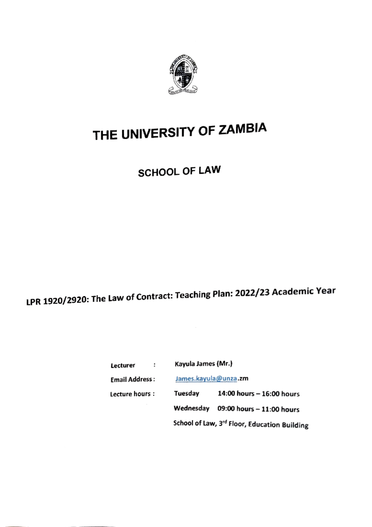 Contract Law Teaching Plan 2023 - Studocu