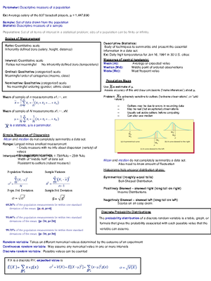 Statistics Cheat Sheet - mutually exclusive outcomes: probabilityof A ...