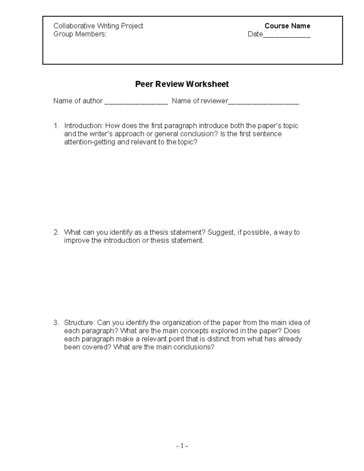 Collab Writing PEER Review Worksheet - Collaborative Writing Project ...