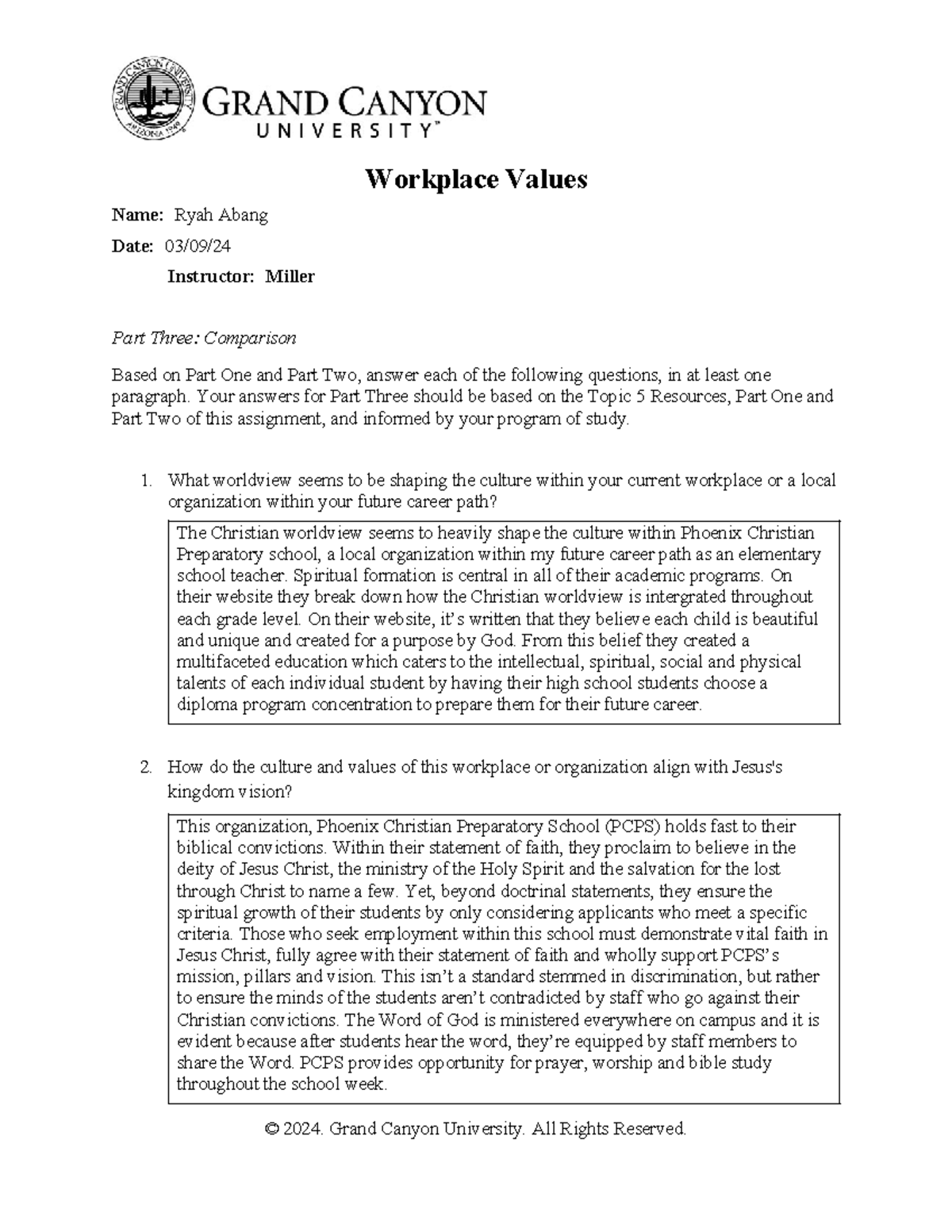 CWV316Workplacevalues - Workplace Values Name: Ryah Abang Date: 03/09 ...