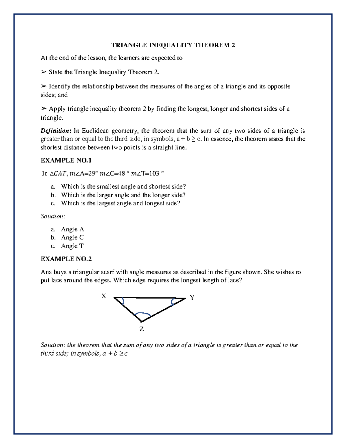 G2 - The concept of Inequality Theorem 2 - TRIANGLE INEQUALITY THEOREM ...