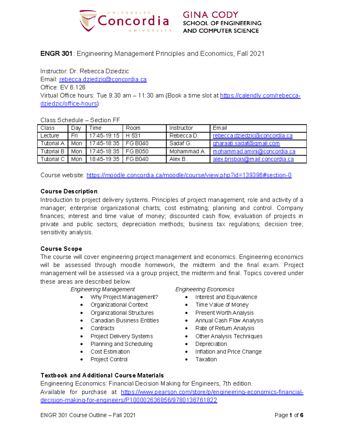 ENGR 301 Course Outline Fall2021 - ENGR 301 : Engineering Management Principles and Economics ...