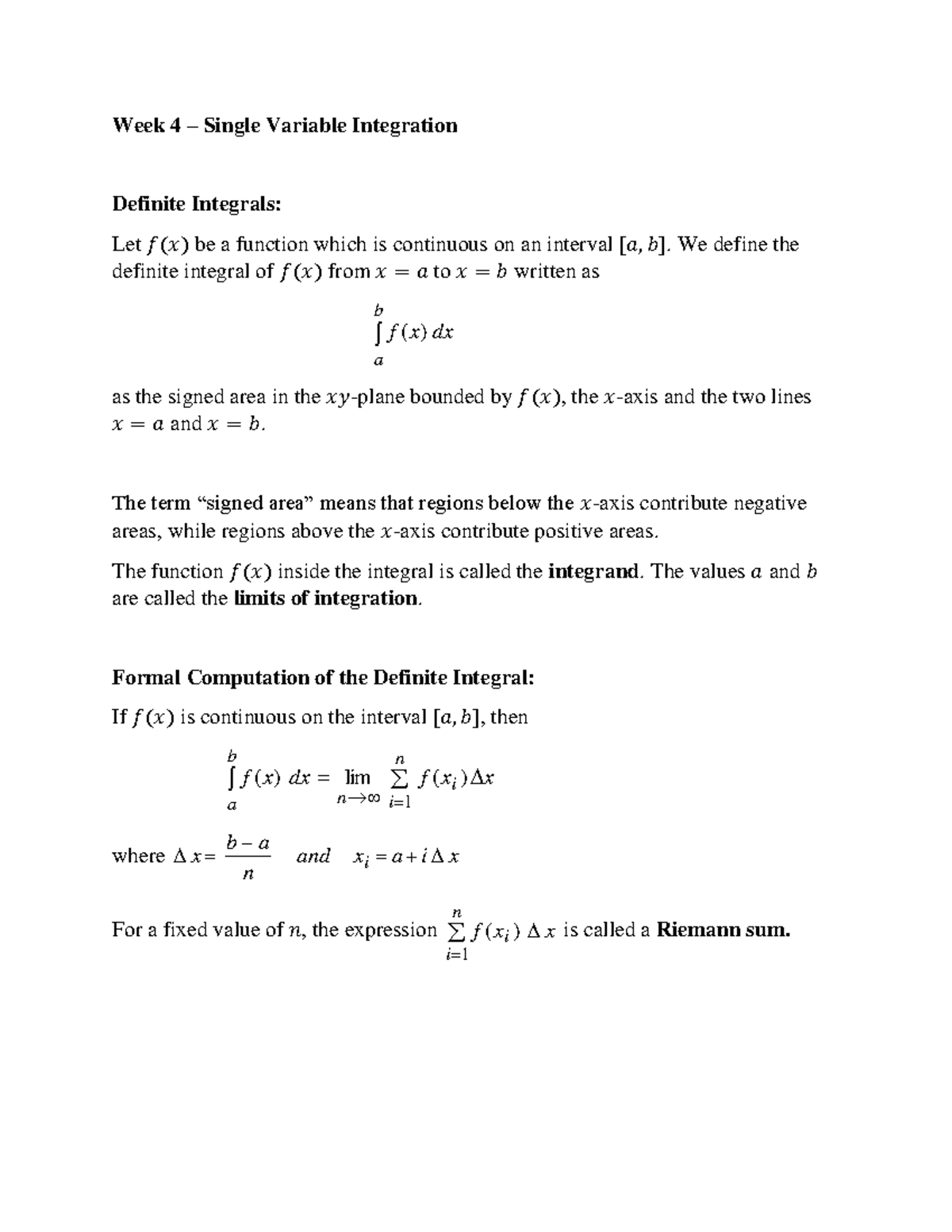Week 4 - NOTES - Week 4 – Single Variable Integration Definite ...