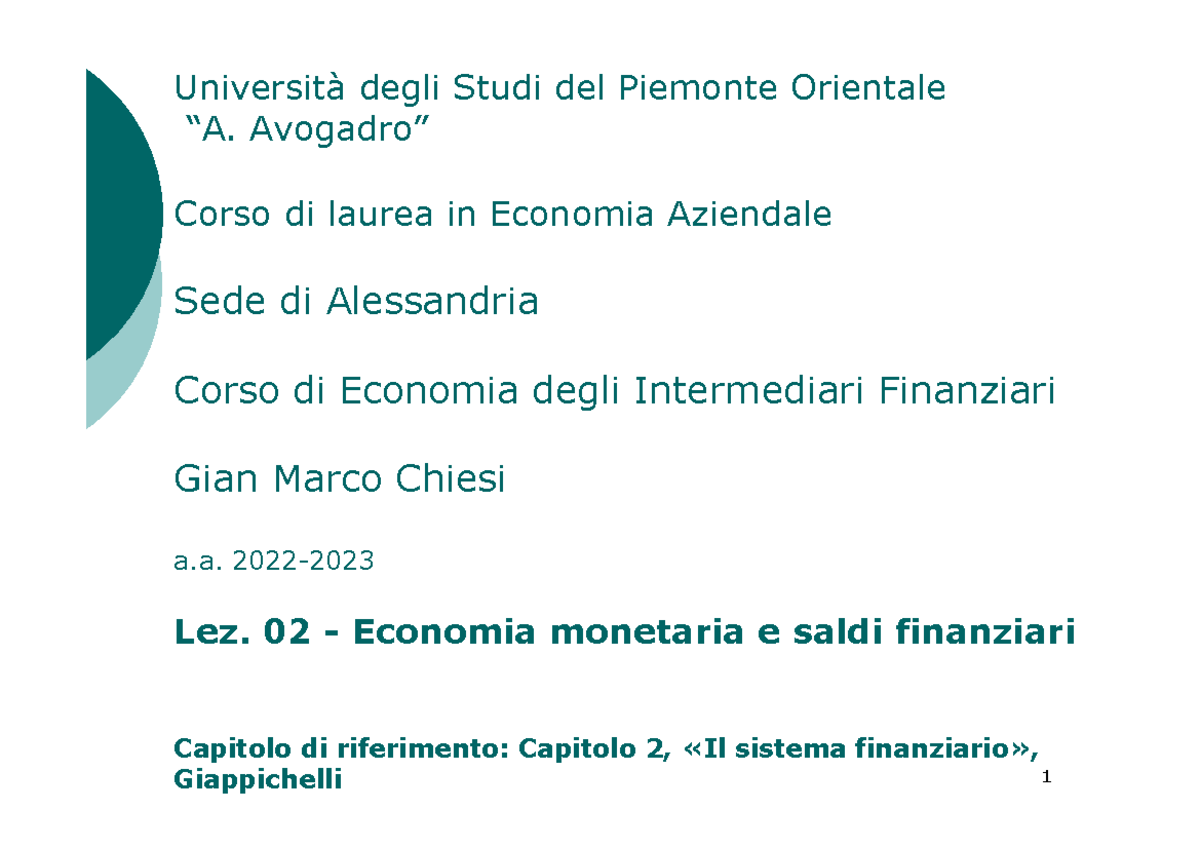 Lez. 02 - Economia monetaria e saldi finanziari 2022-2023 - 1 ...