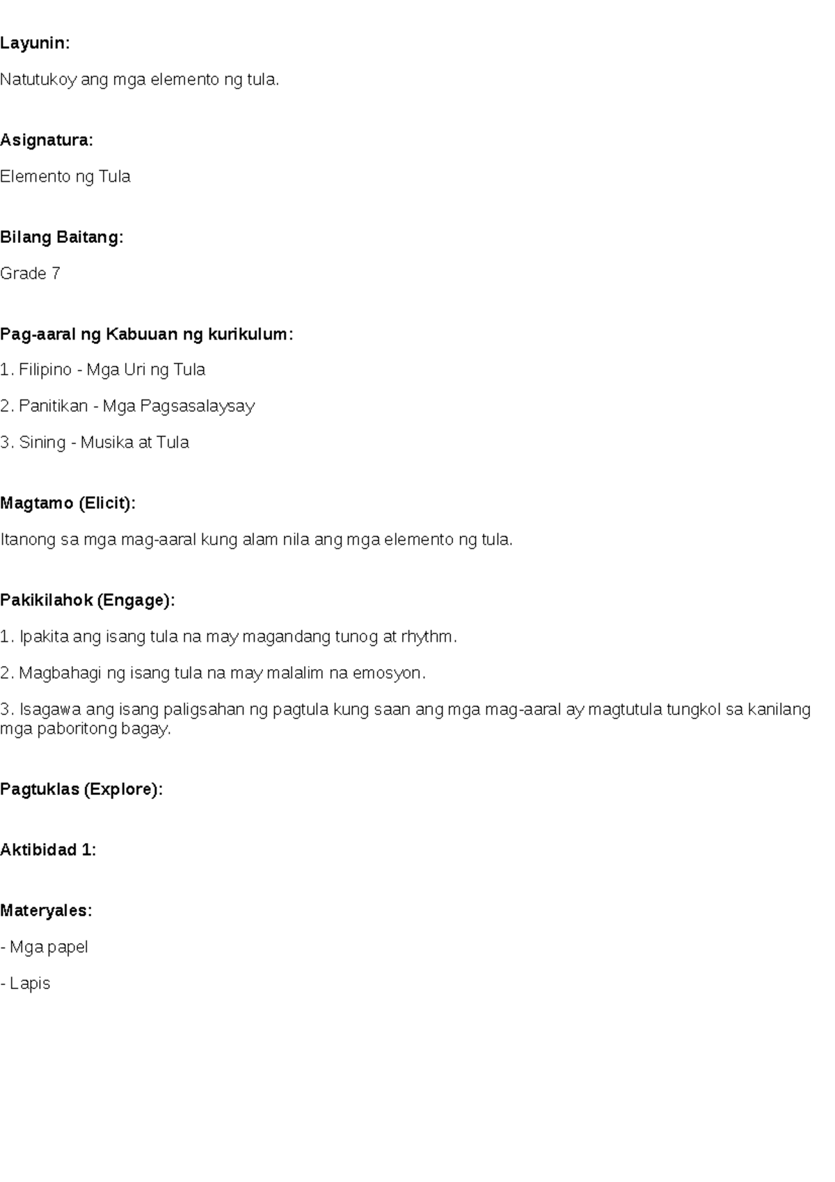 Lesson plan - Generated LP - Layunin: Natutukoy ang mga elemento ng ...