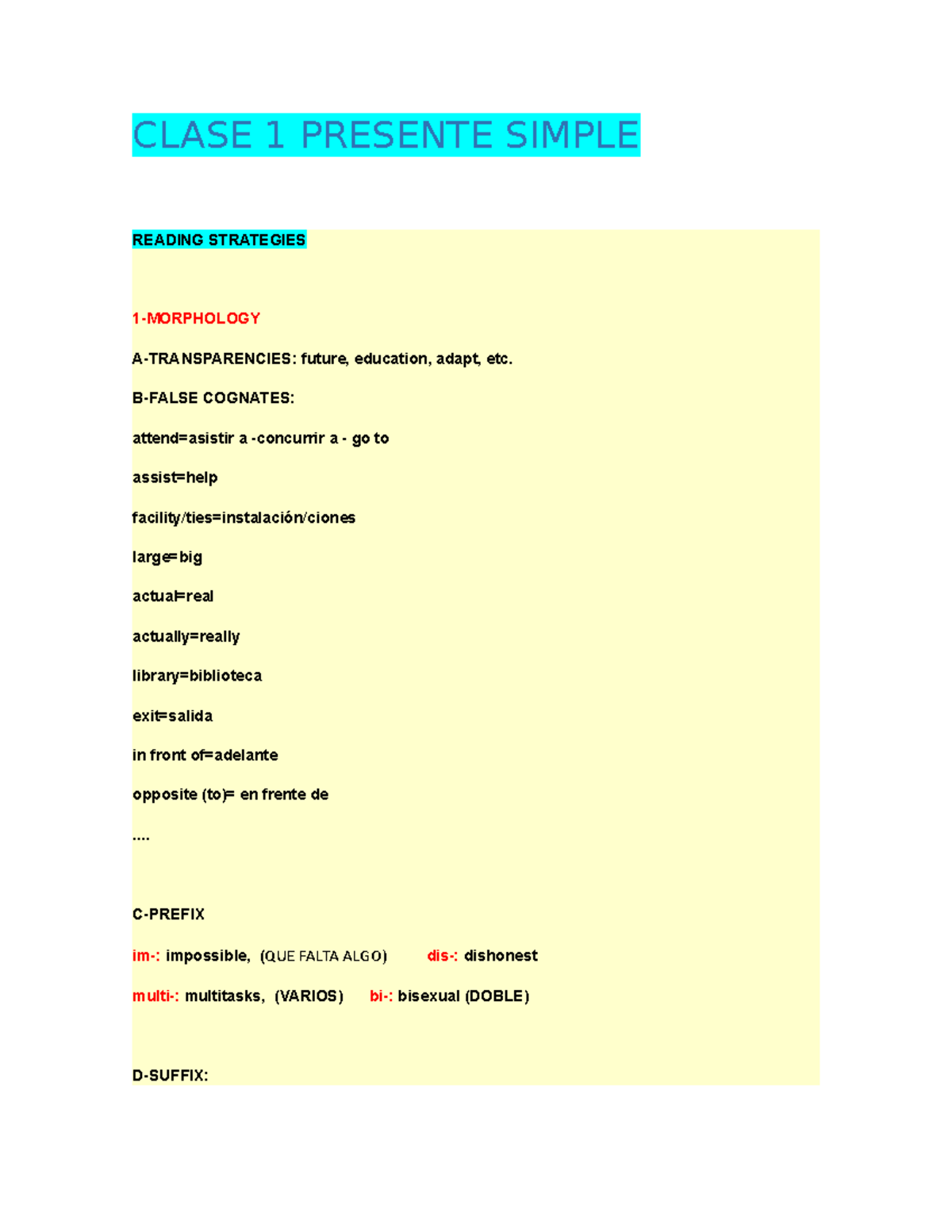 Ingles - CLASE 1 PRESENTE SIMPLE READING STRATEGIES 1-MORPHOLOGY A ...