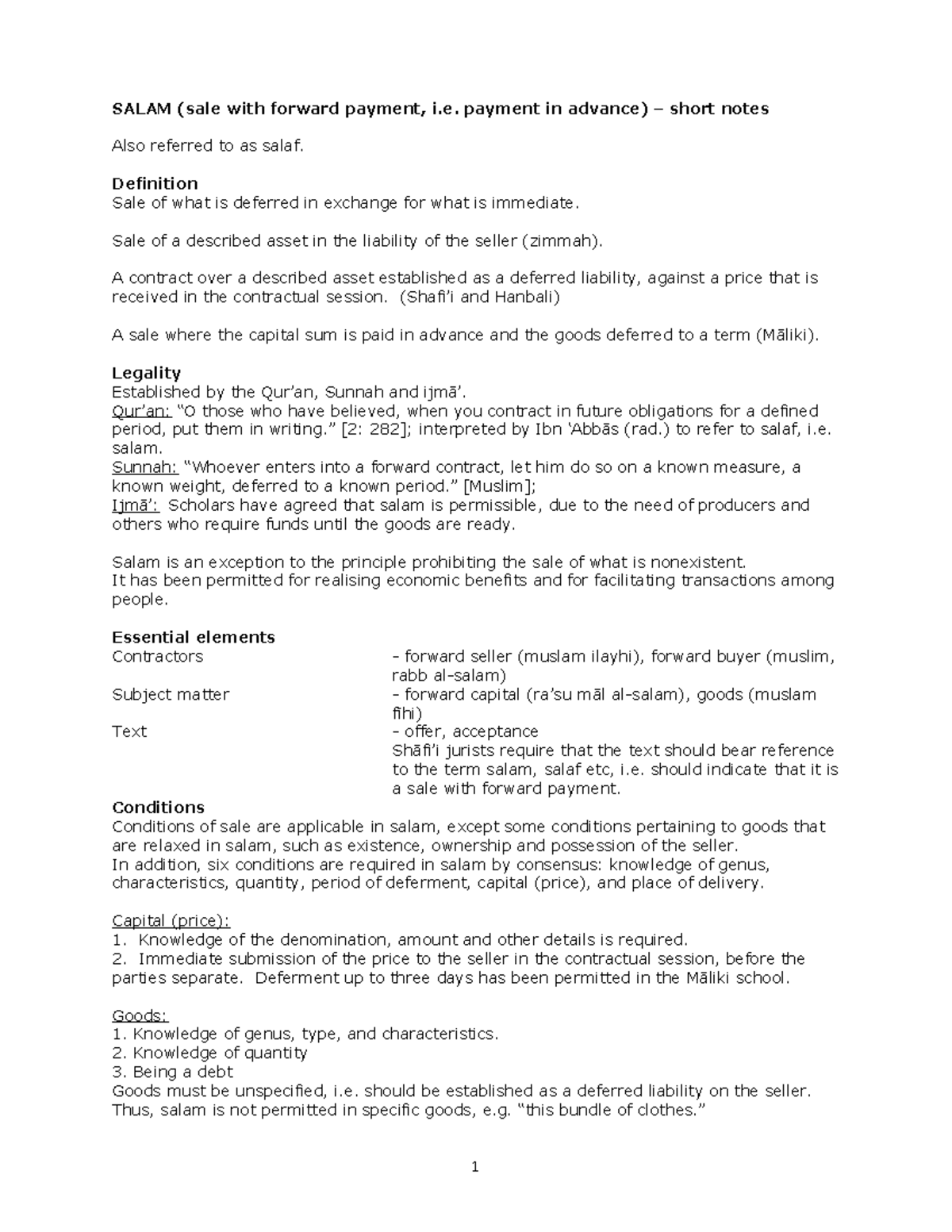 Salam - short notes Salam - short notes - SALAM (sale with forward ...