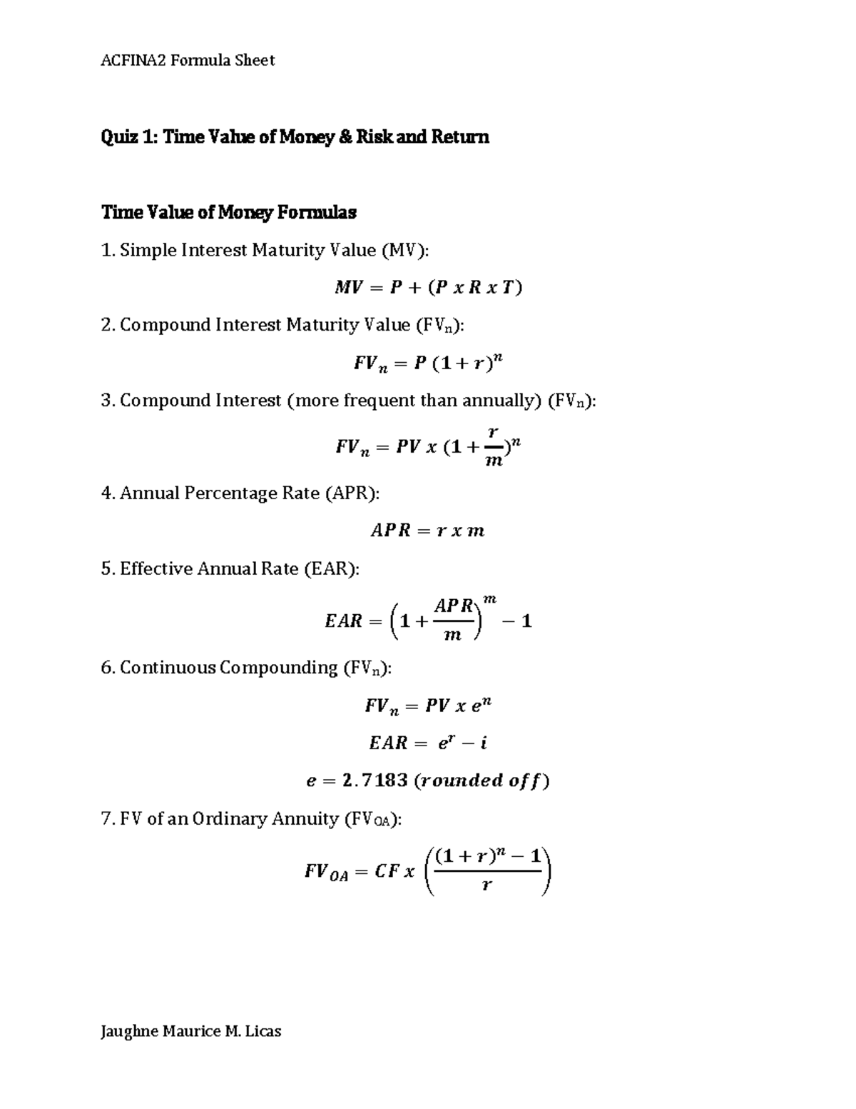 Formula Sheet Warning Tt Undefined Function 32 Quiz 1 Time Value