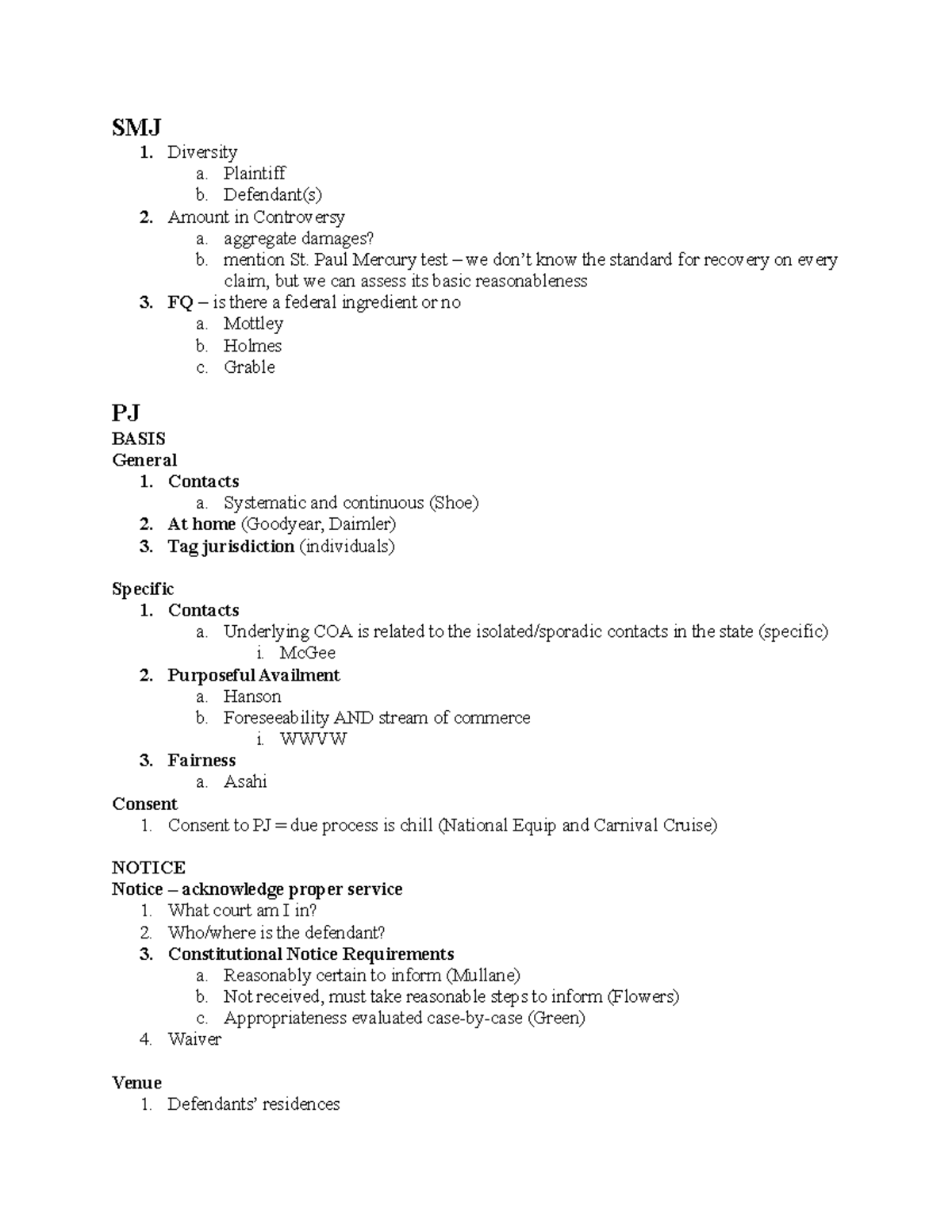 Civ Pro Topic Checklist - SMJ Diversity a. Plaintiff b. Defendant(s ...
