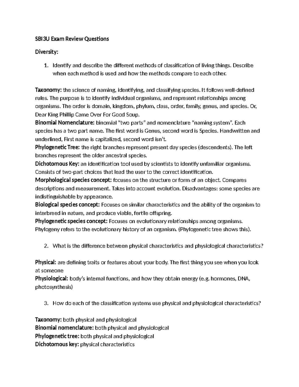 Exam Review Questions - SBI3U Exam Review Questions Diversity: 1 ...