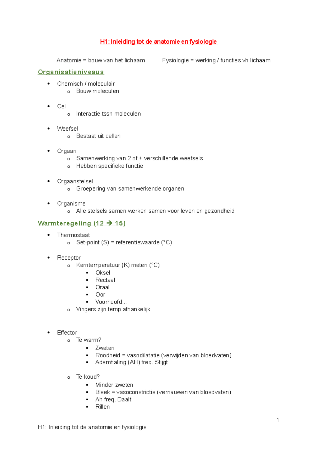 Samenvatting Anatomie-fysiologie 1 Hoofdstuk 1 - H1: Inleiding tot de anatomie en fysiologie ...
