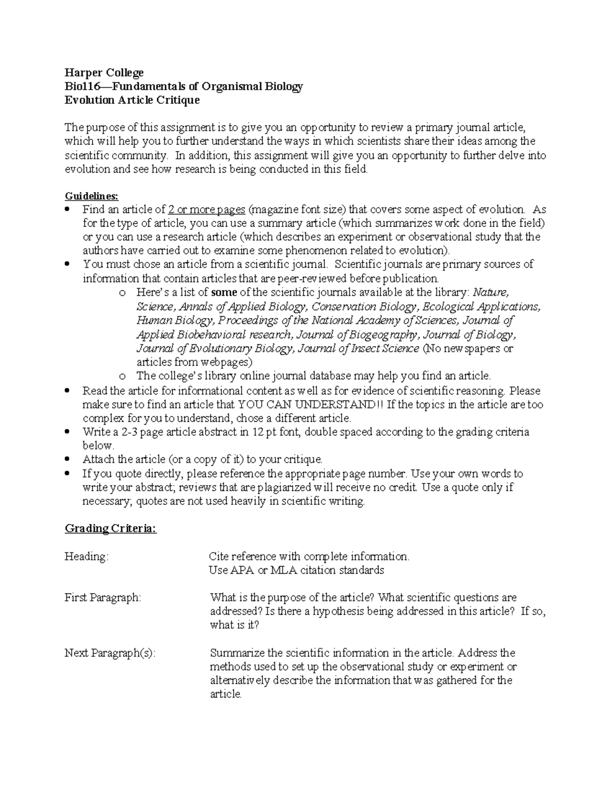 3 Evolution article Critique - Harper College Bio116—Fundamentals of ...