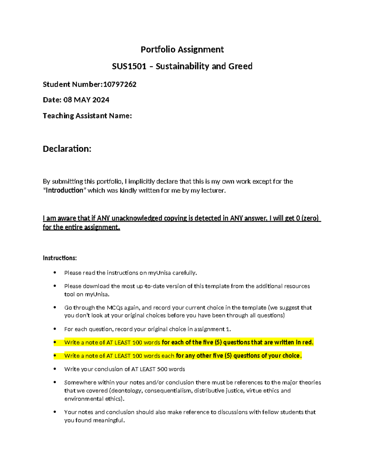 Portfolio 02 2023 - Portfolio Assignment SUS1501 – Sustainability and ...