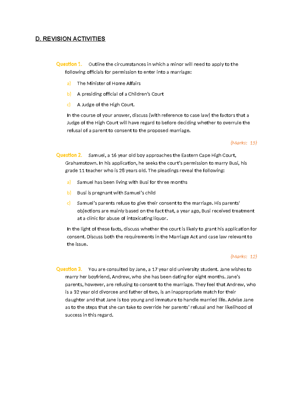 REVISION QUESTIONS ON CHAPTER 3 -FAMILY LAW. - D. REVISION ACTIVITIES ...