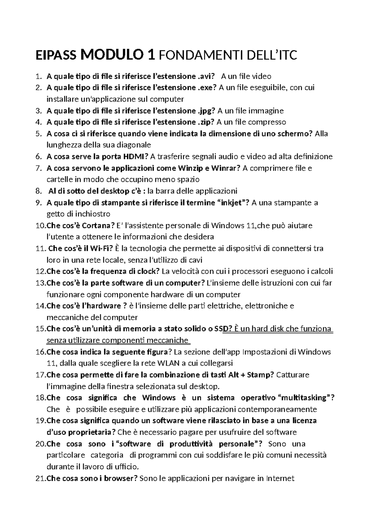 Eipass Modulo 1 Fondamenti DELL - EIPASS MODULO 1 FONDAMENTI DELL’ITC A quale tipo di file si ...