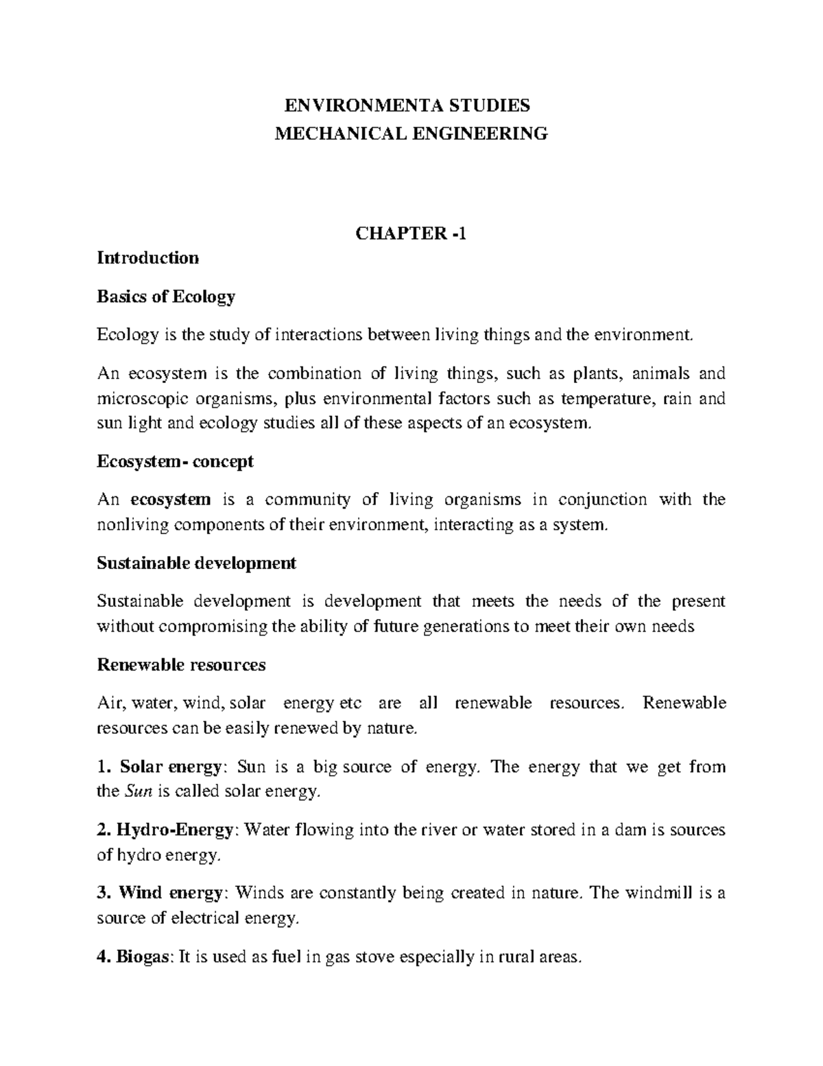 Environmental Studies - MECHANICAL ENGINEERING CHAPTER - Introduction ...