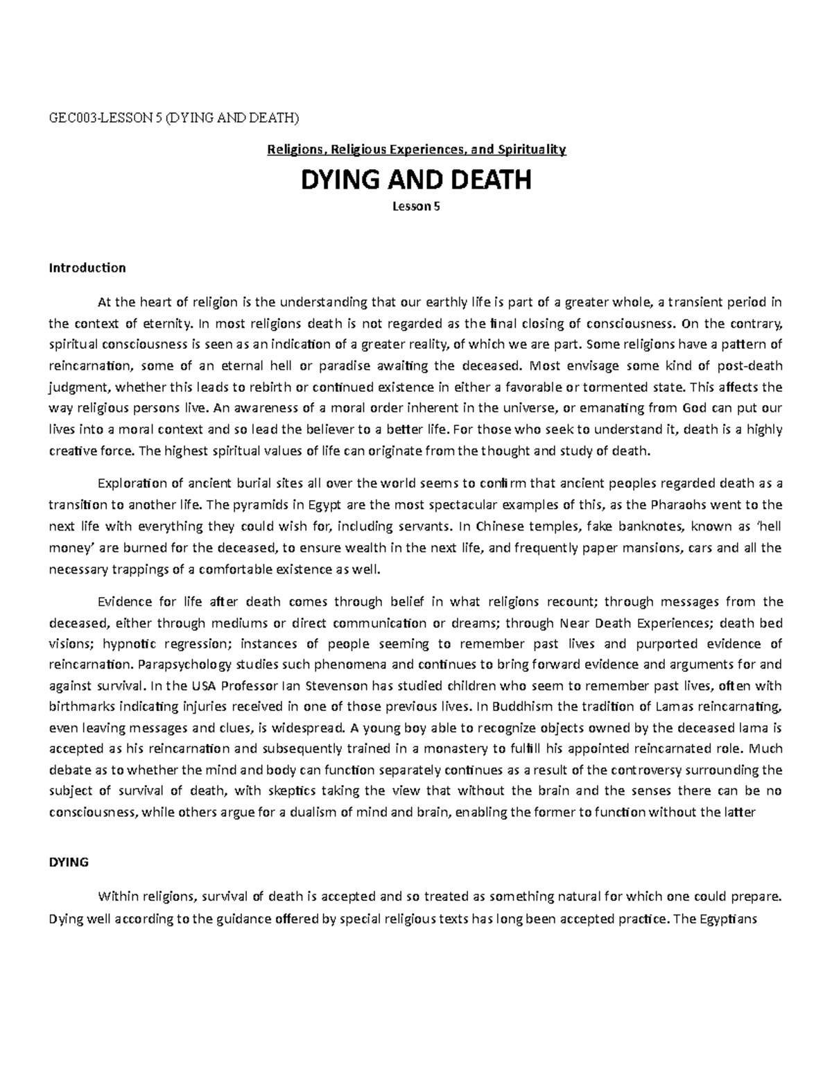 GEC003 Lesson 5 Dying and Death - The Contemporary World - TIP - Studocu