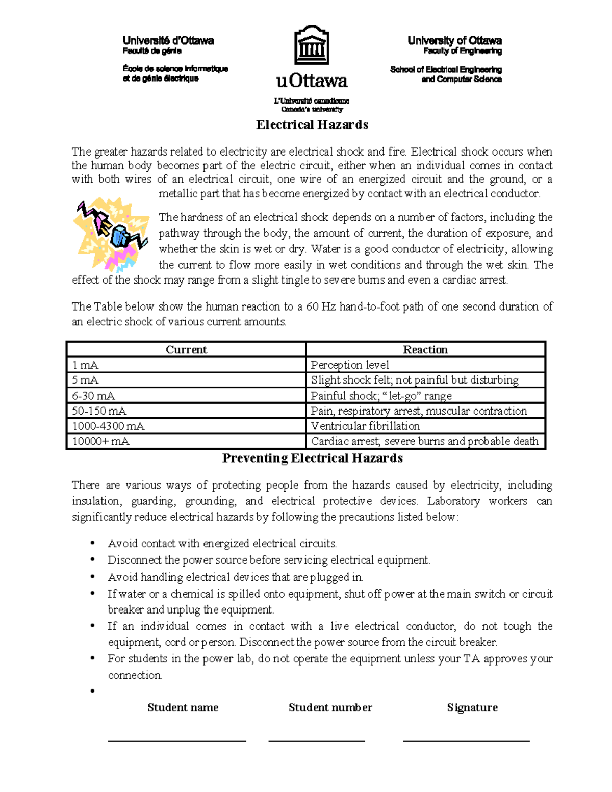 Lab Safety Form - Fall 2017 - Electrical Hazards The greater hazards ...