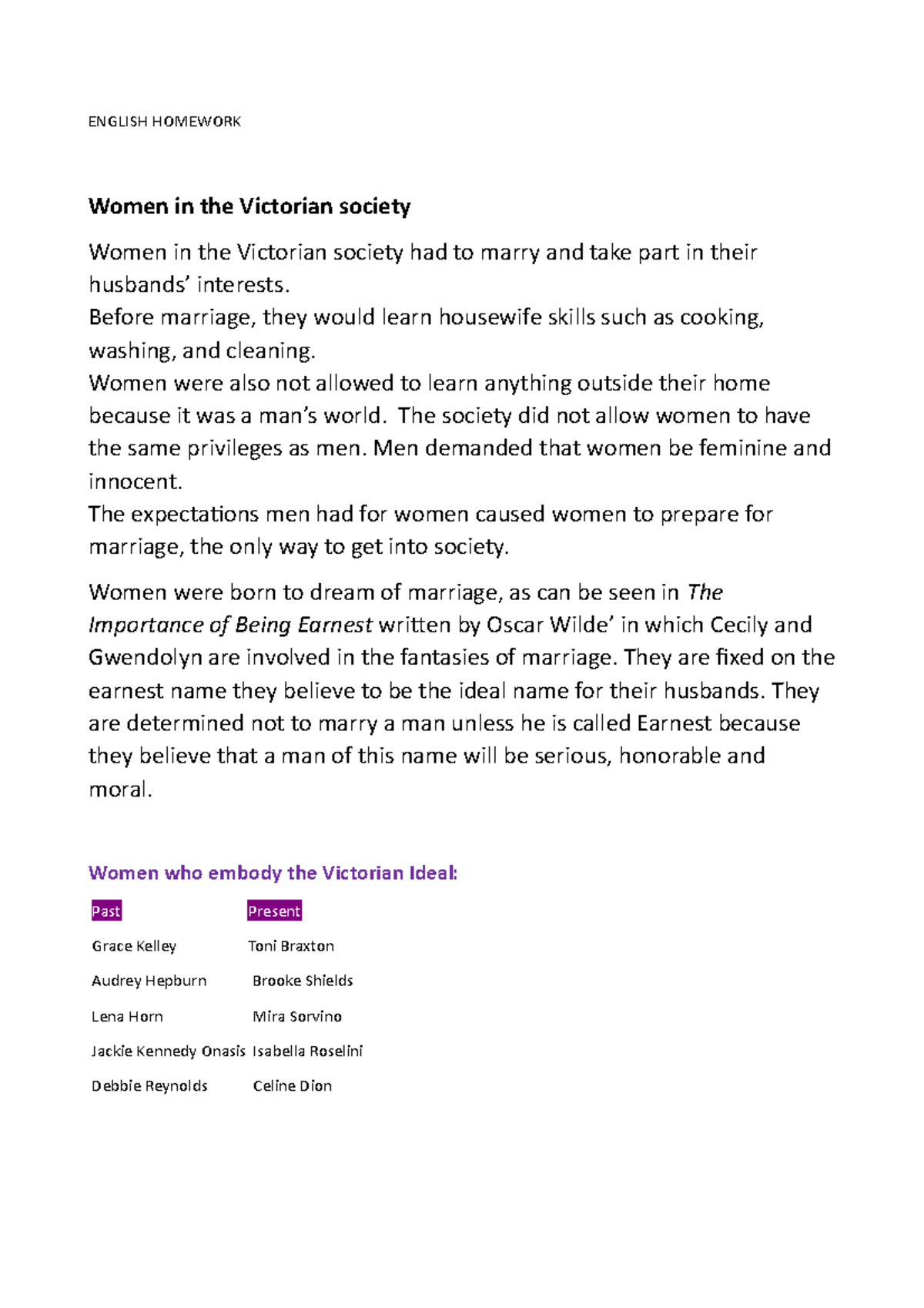 The role of woman in the victorian age - ENGLISH HOMEWORK Women in the ...