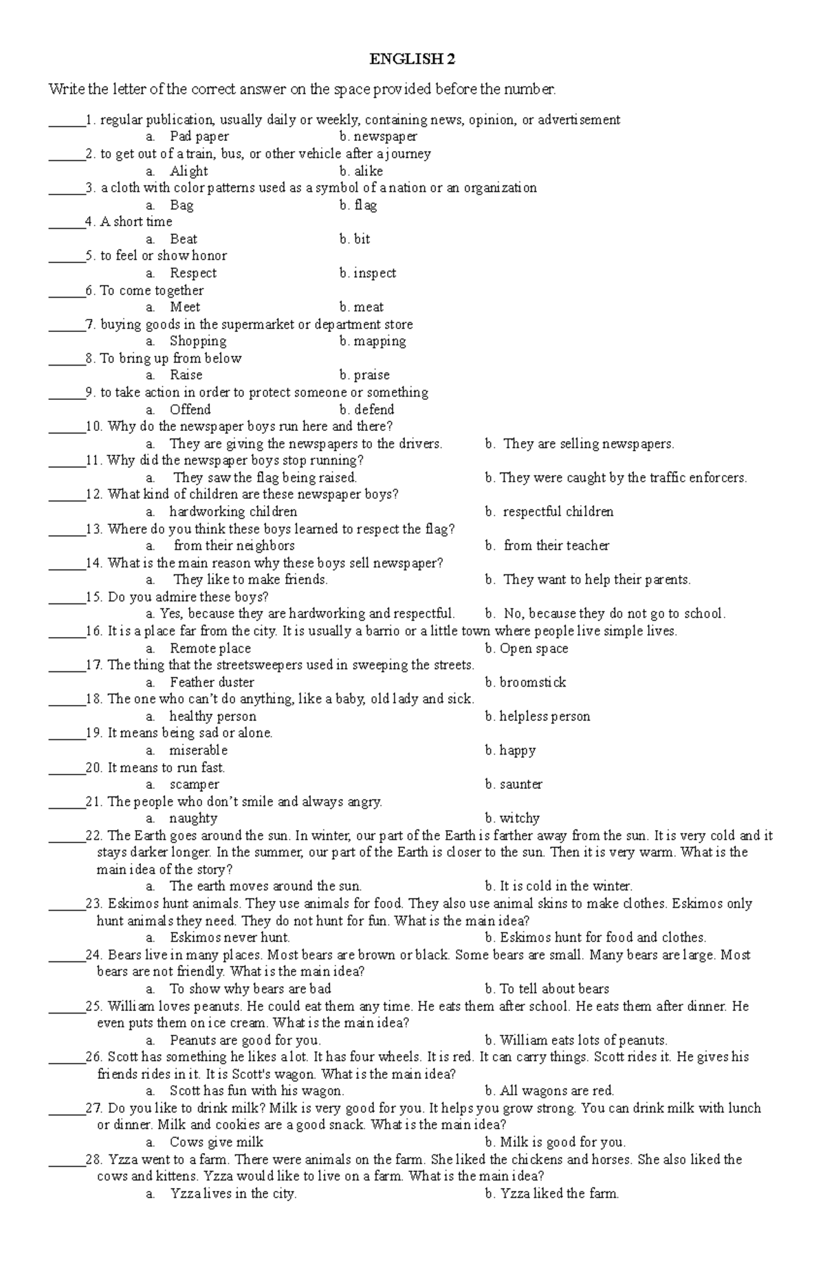 English 2 - ENGLISH 2 Write the letter of the correct answer on the ...