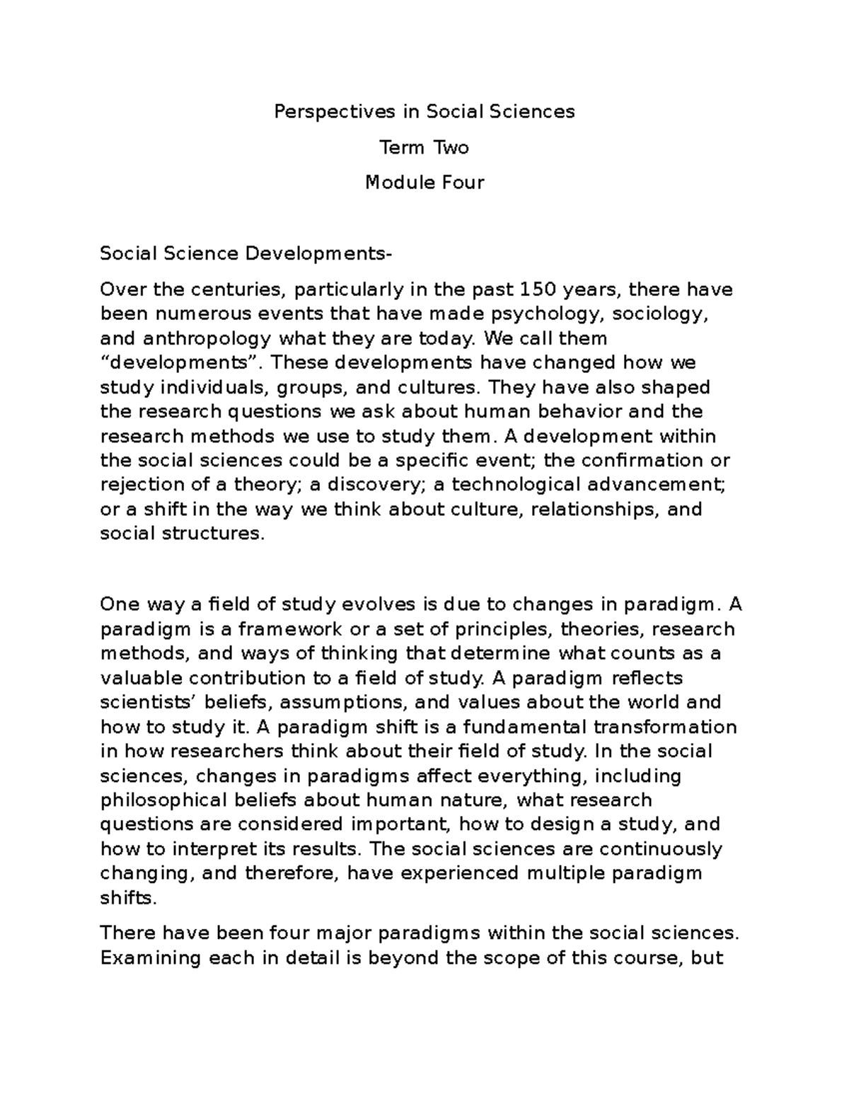 Perspectives in Social Sciences Module Four - Perspectives in Social ...