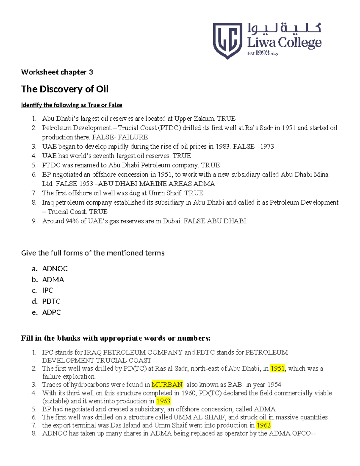 Discovery of Oil-ANS KEY - Worksheet chapter 3 The Discovery of Oil ...