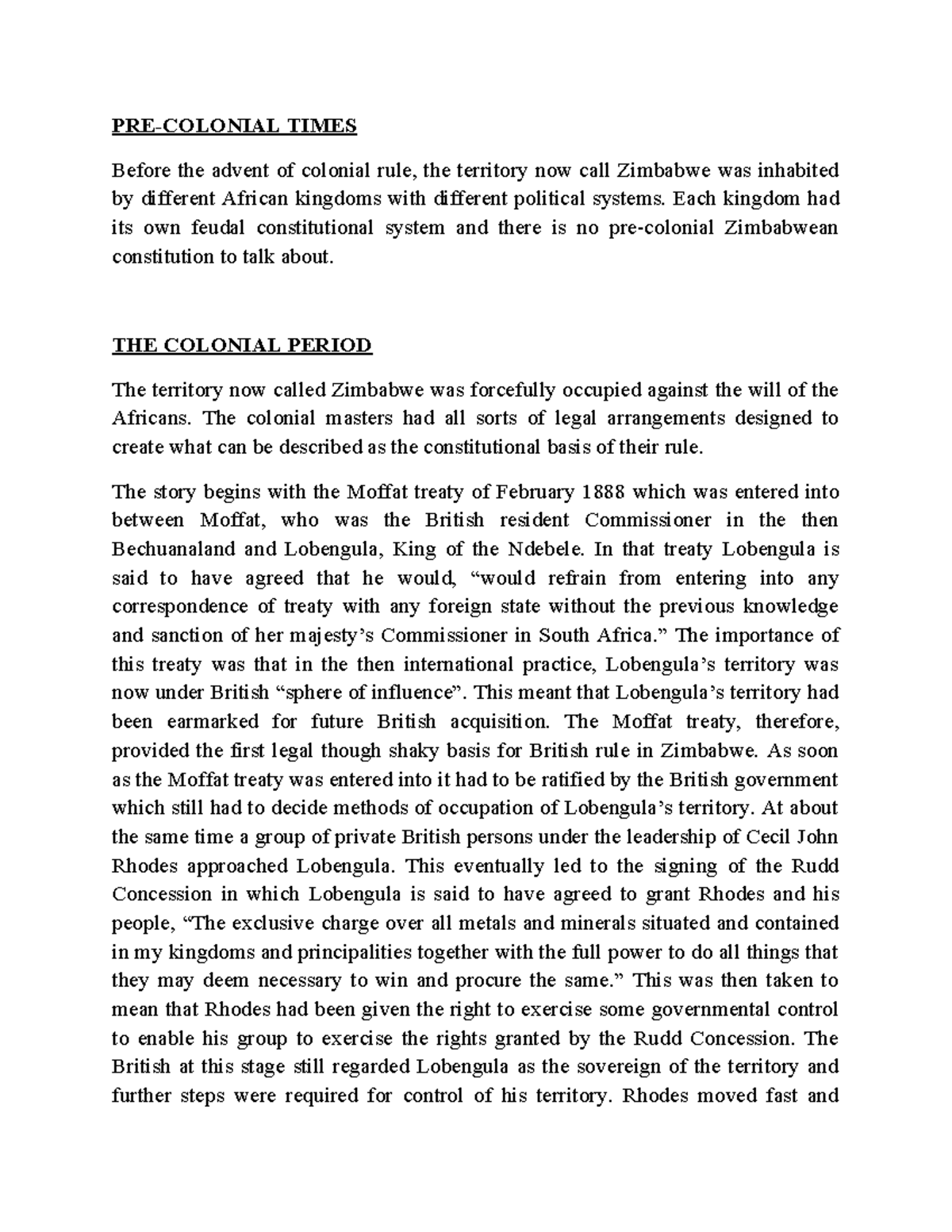 3. Constitutional History OF Zimbabwe - PRE-COLONIAL TIMES Before the ...