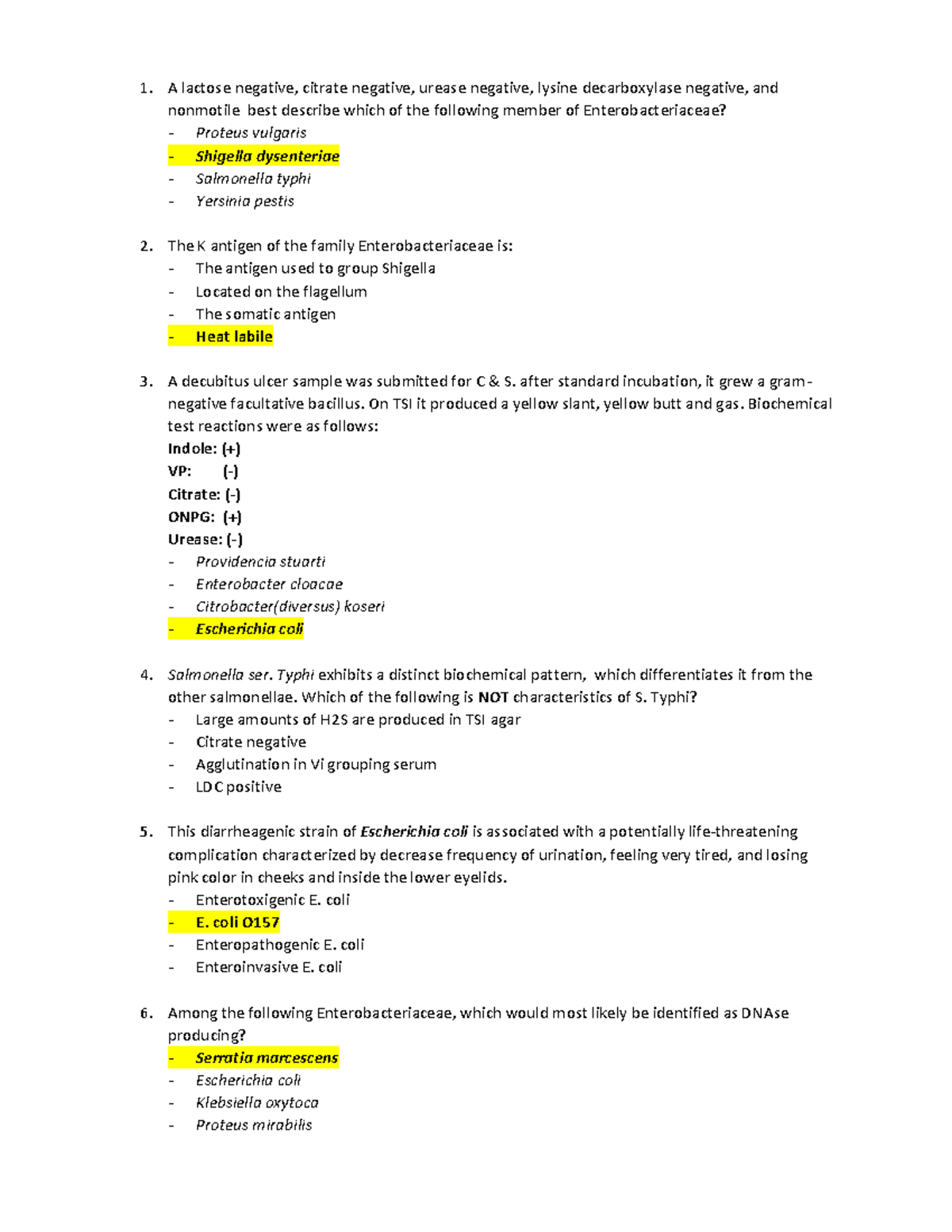 PRE-TEST Rationale - A lactose negative, citrate negative, urease ...